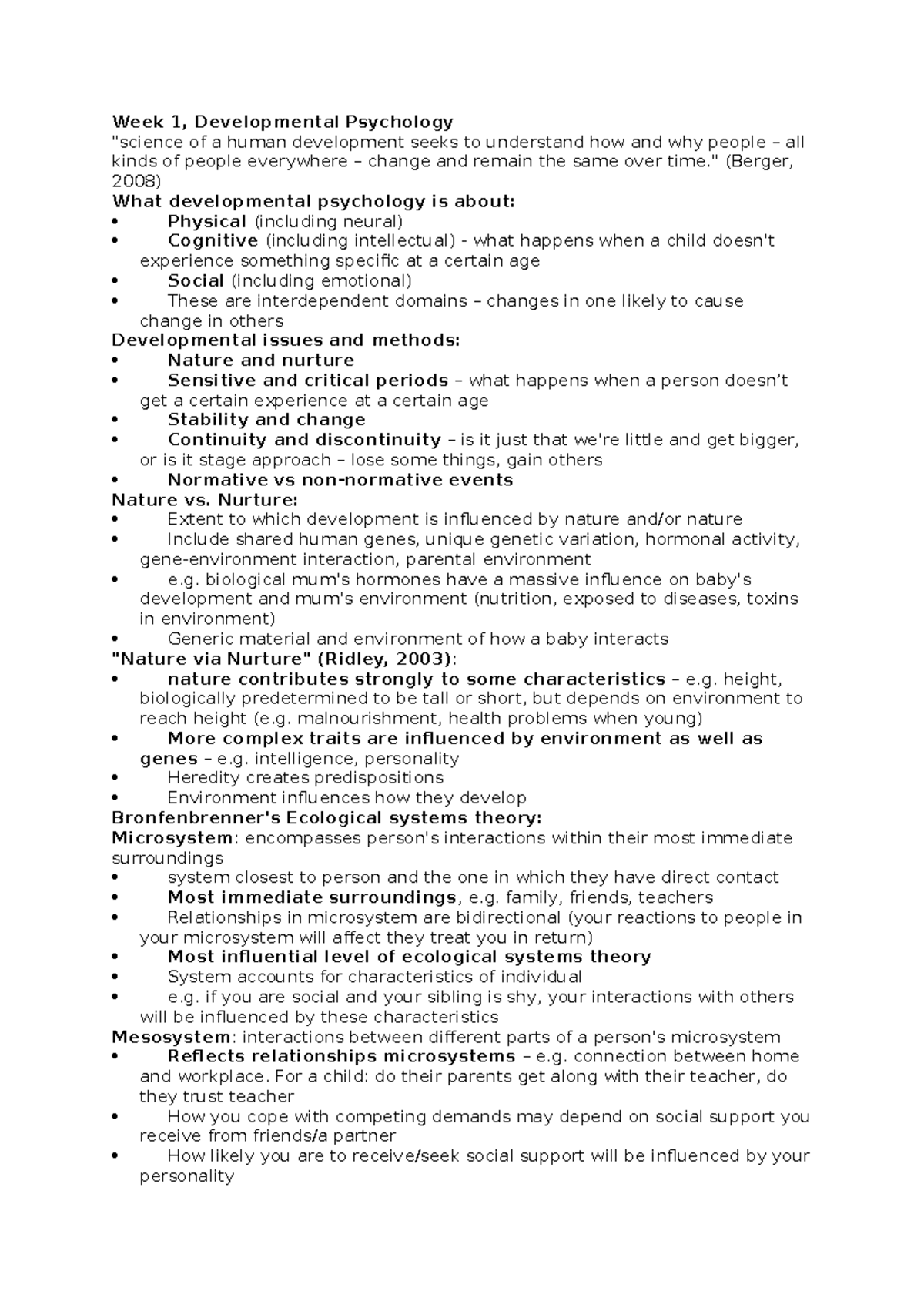 Introduction to psychology notes - Week 1, Developmental Psychology ...