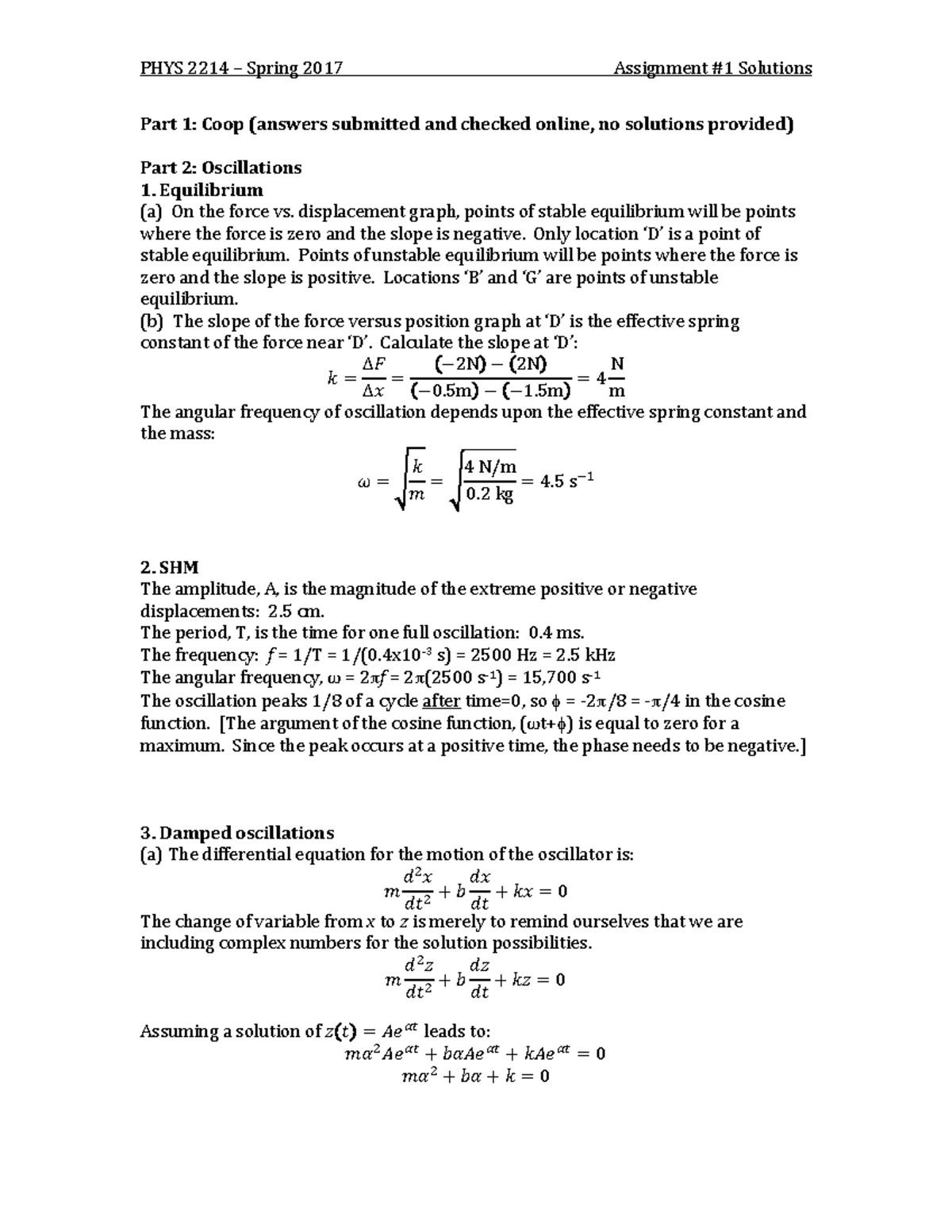 Assignment 1 solutions - Part 1: Coop (answers submitted and checked online, no solutions ...
