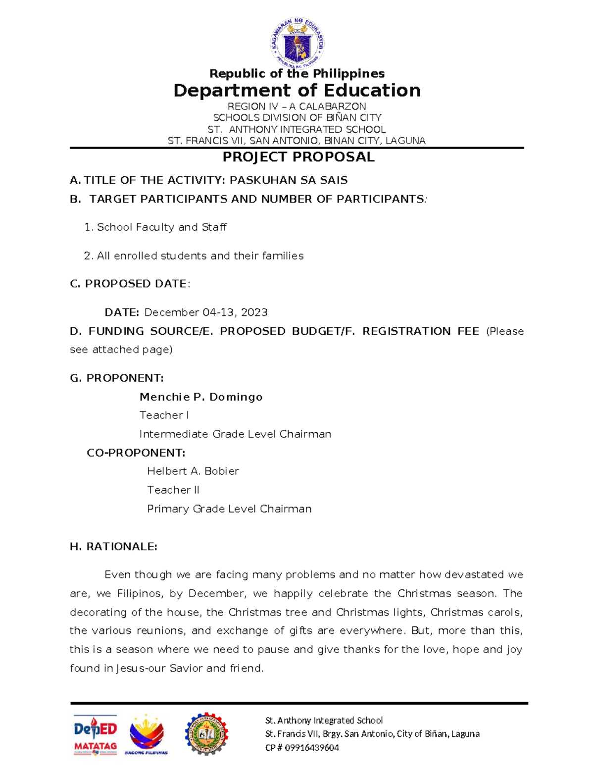 Project-Proposal- Paskuhan sa SAIS - St. Anthony Integrated School St ...