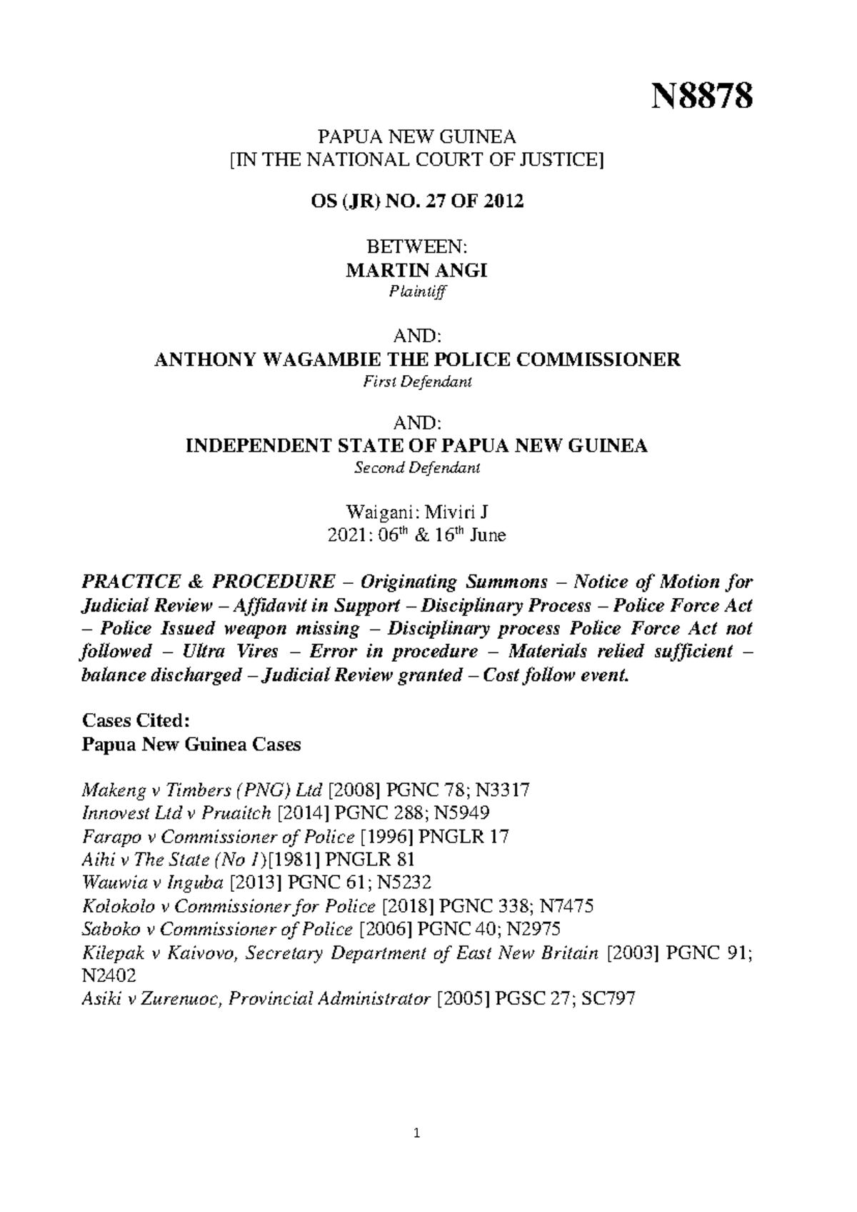 Angi v wagambie - Tutorial 4 - N 8878 PAPUA NEW GUINEA [IN THE NATIONAL ...