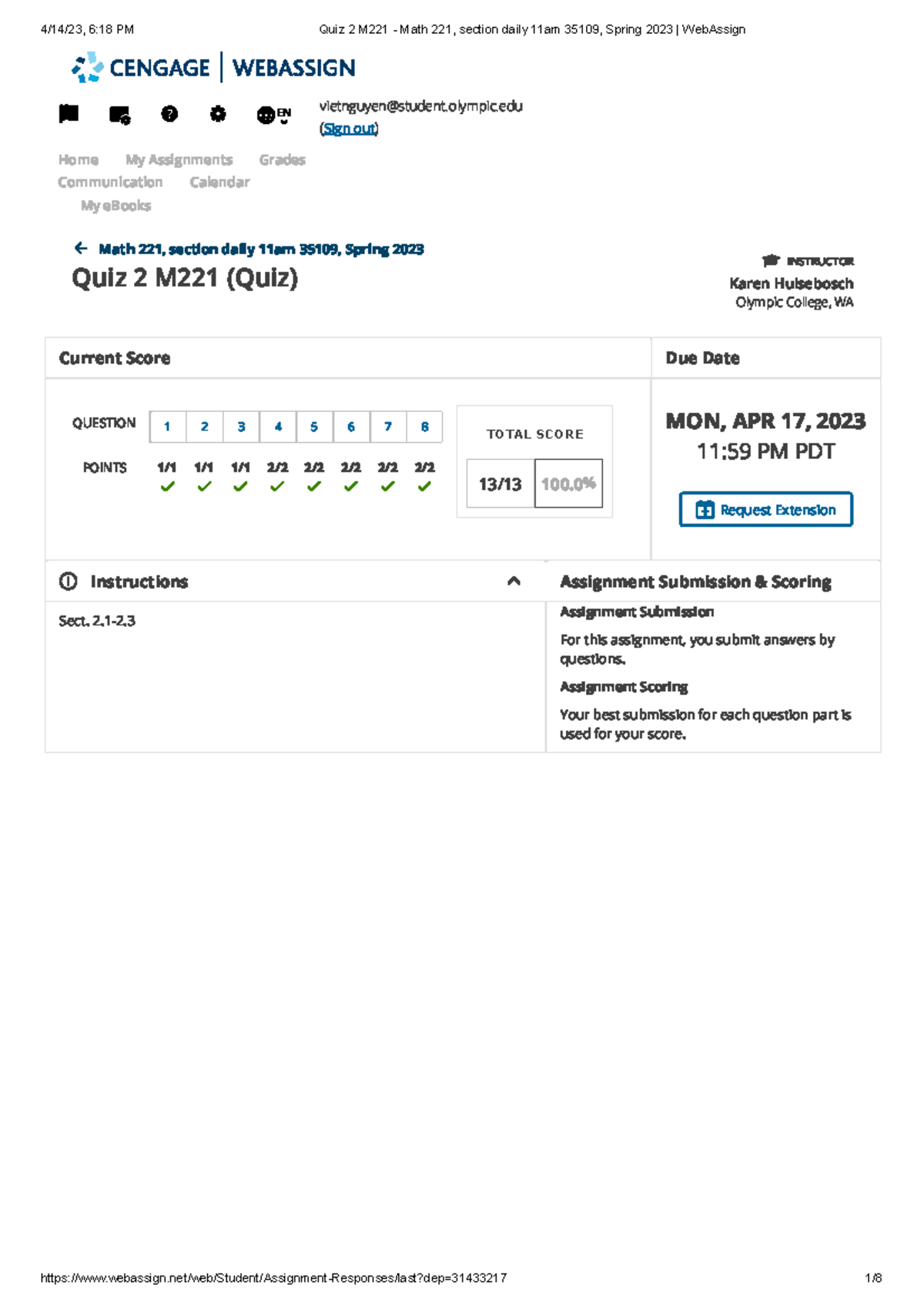 Quiz 2 M221 - Math 221, section daily 11am 35109, Spring 2023 Web Assign - EN - Studocu