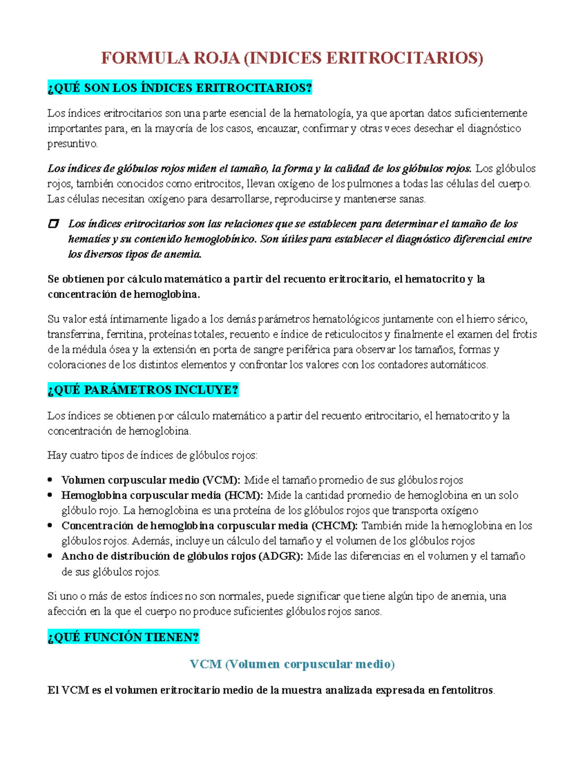 Formula ROJA - Análisis hematológicos - FORMULA ROJA (INDICES ...