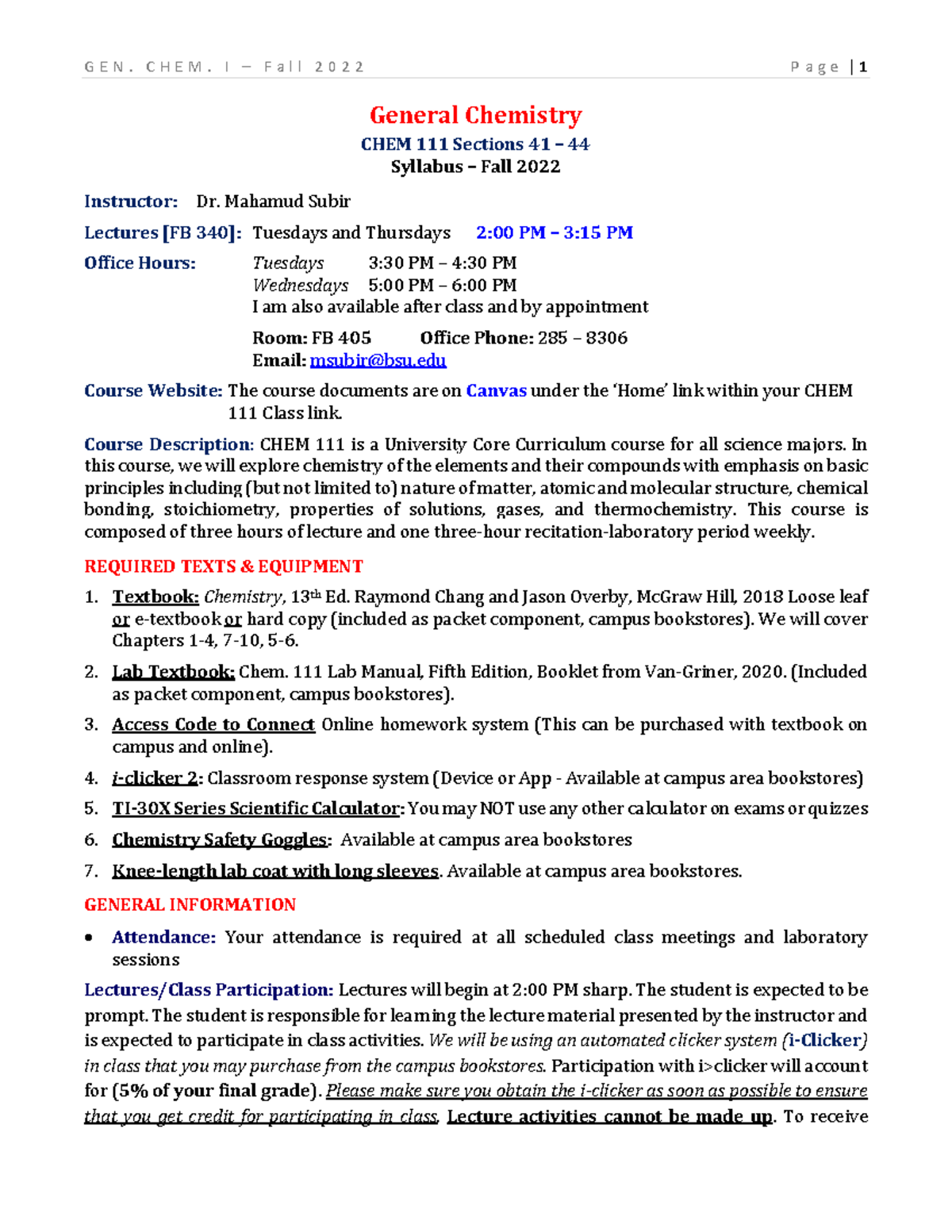 Full Syllabus - GChem 111 Fall 2022 - General Chemistry CHEM 111 Sections 41 – 44 Syllabus ...