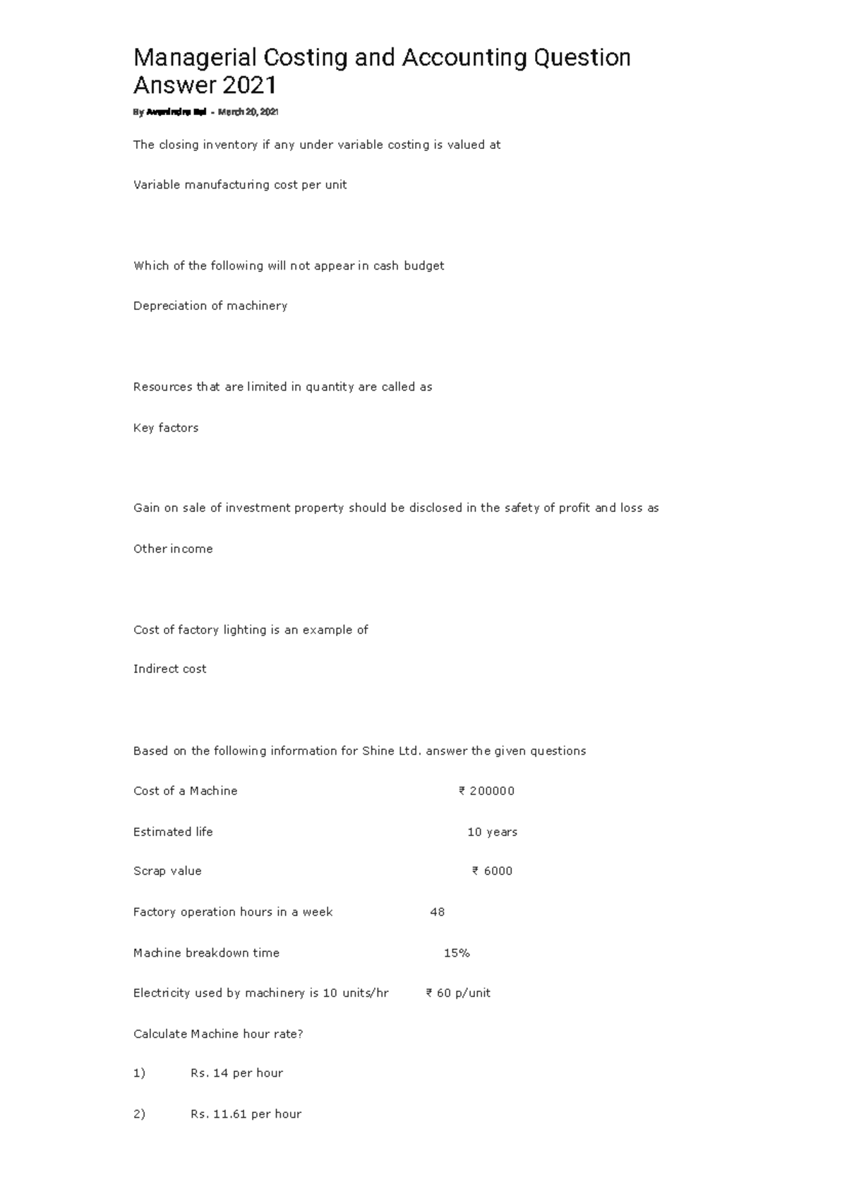 Managerial Costing and Accounting Question Answer MBA First Semester ...