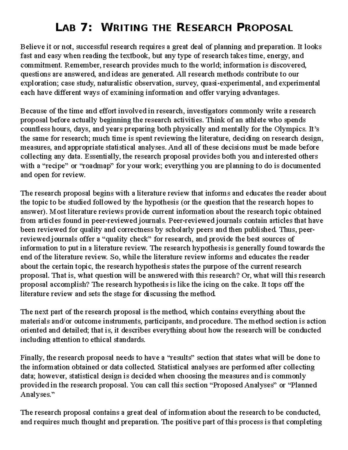 Lab7 Pretest - lab - LAB 7: WRITING THE RESEARCH PROPOSAL Believe it or ...