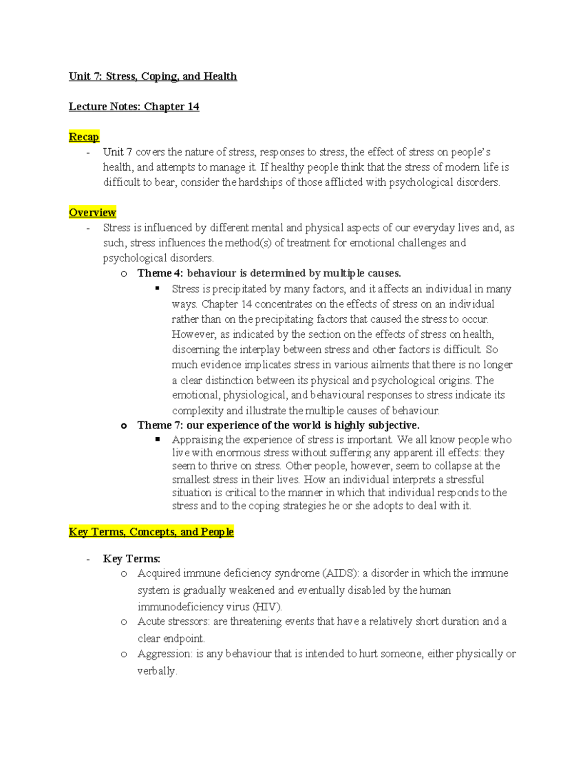 Unit 7 & 8 - Notes - Unit 7: Stress, Coping, and Health Lecture Notes ...