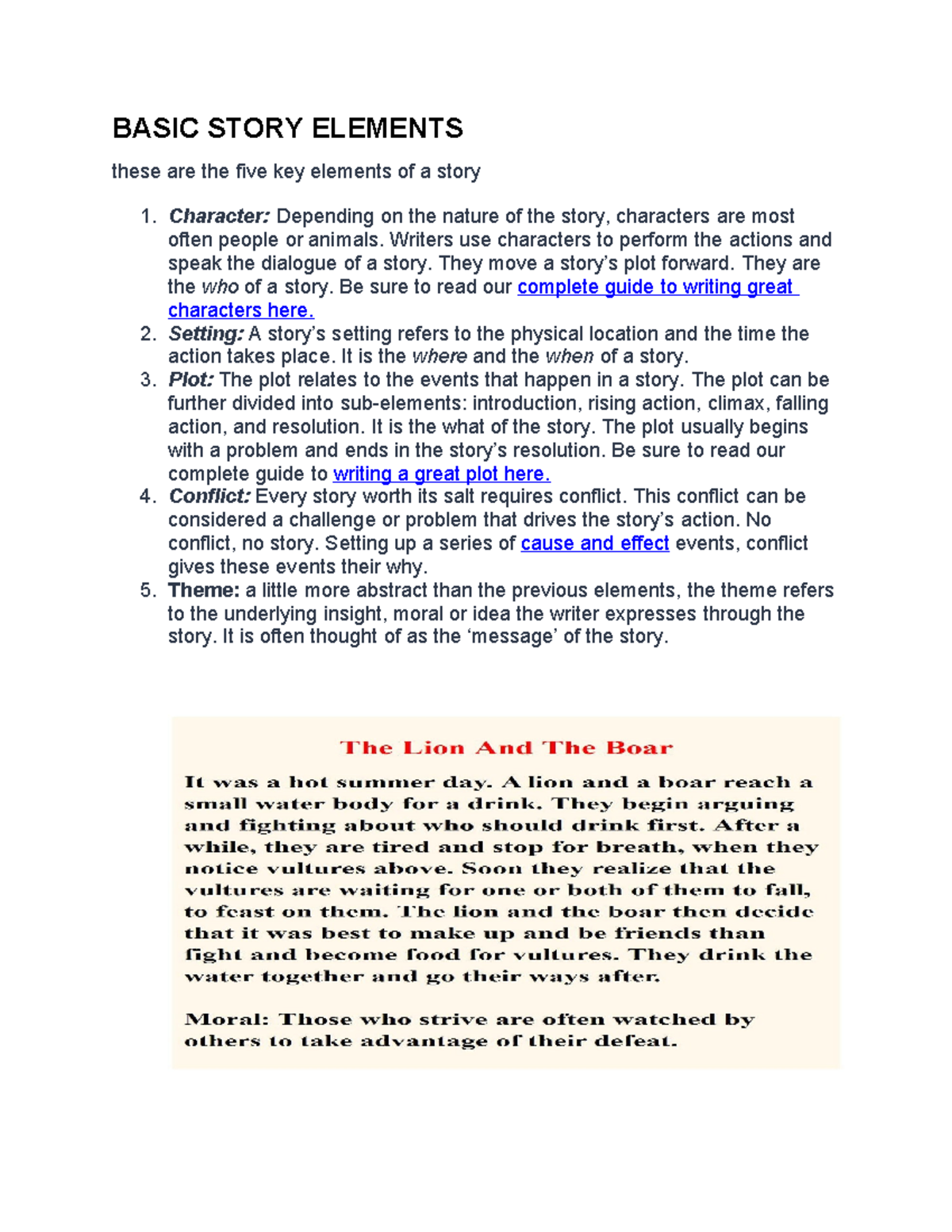 Elements of a story - BASIC STORY ELEMENTS these are the five key ...