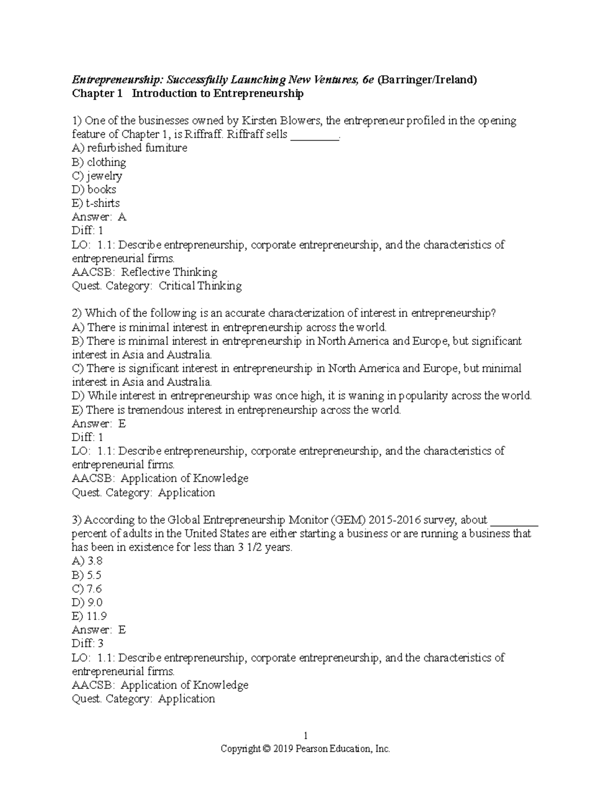 Entrepreneurship chapter 1 test bank 6e - Entrepreneurship ...