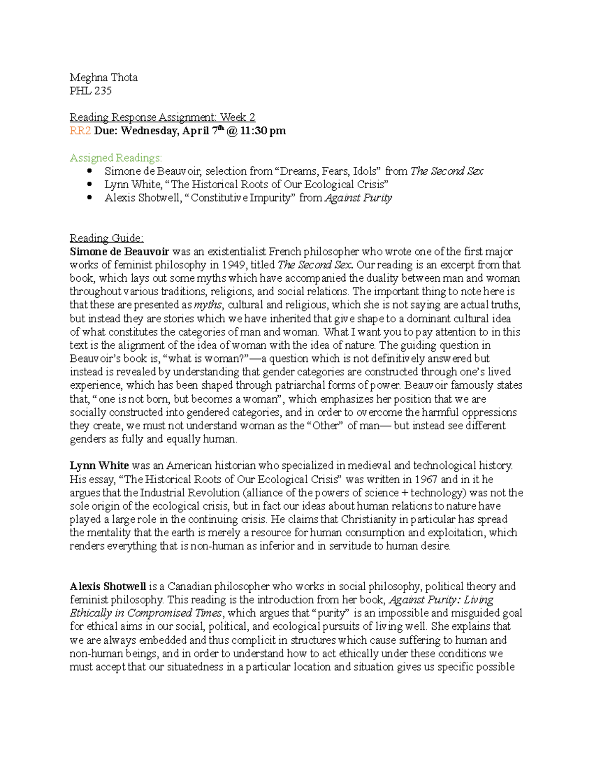 RR2 - SUMMARY - Meghna Thota PHL 235 Reading Response Assignment: Week 2 RR2 Due: Wednesday ...