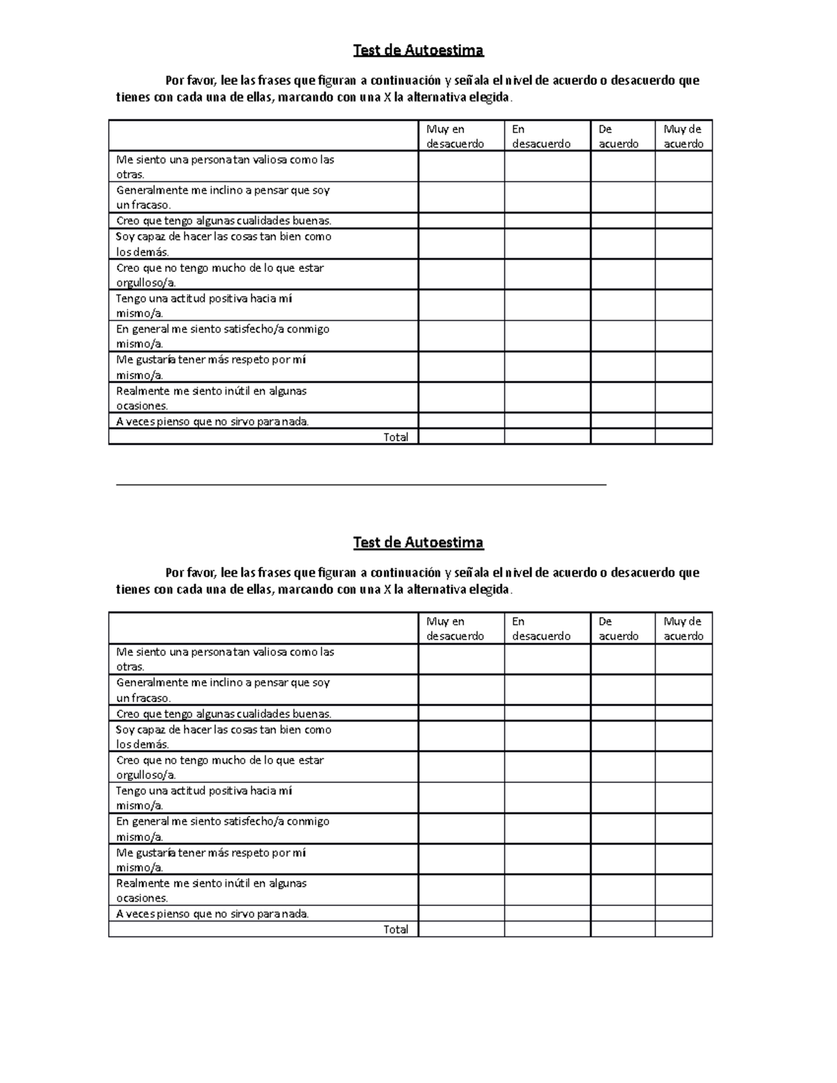 Test de Autoestima - Test de Autoestima Por favor, lee las frases que ...