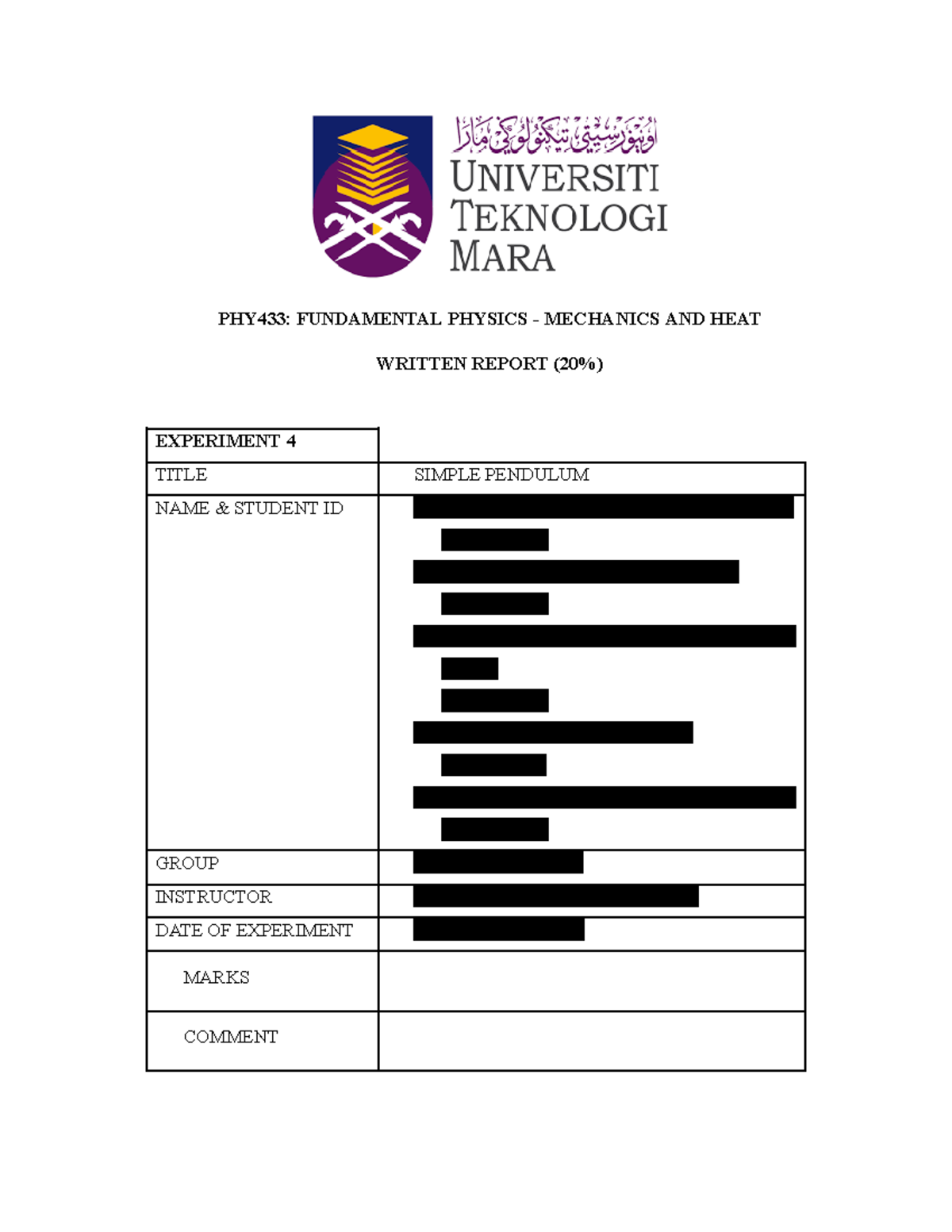 Simple Pendulum Lab Report 4 - PHY433: FUNDAMENTAL PHYSICS - MECHANICS ...