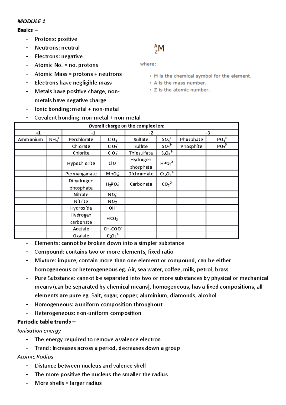 Chemistry Study Module 1&2 - MODULE 1 Basics – - Protons: positive ...