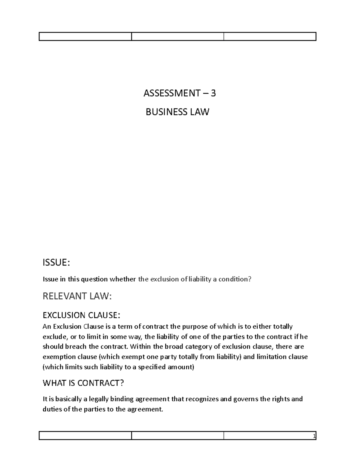 Assessment 3 Business LAW - ASSESSMENT – 3 BUSINESS LAW ISSUE: Issue in ...