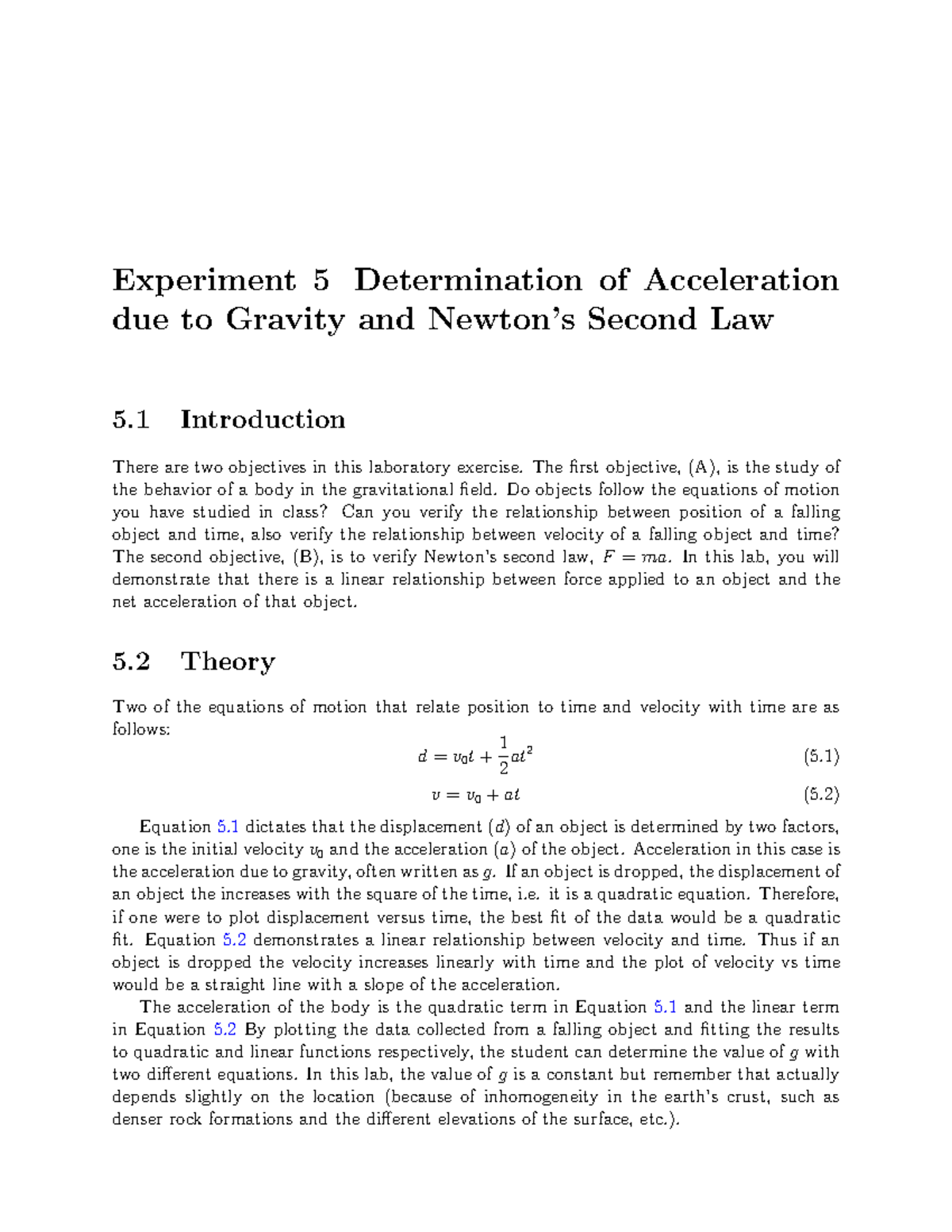Experiment Five - Experiment 5 Determination of Acceleration due to Gravity and Newton’s Second ...
