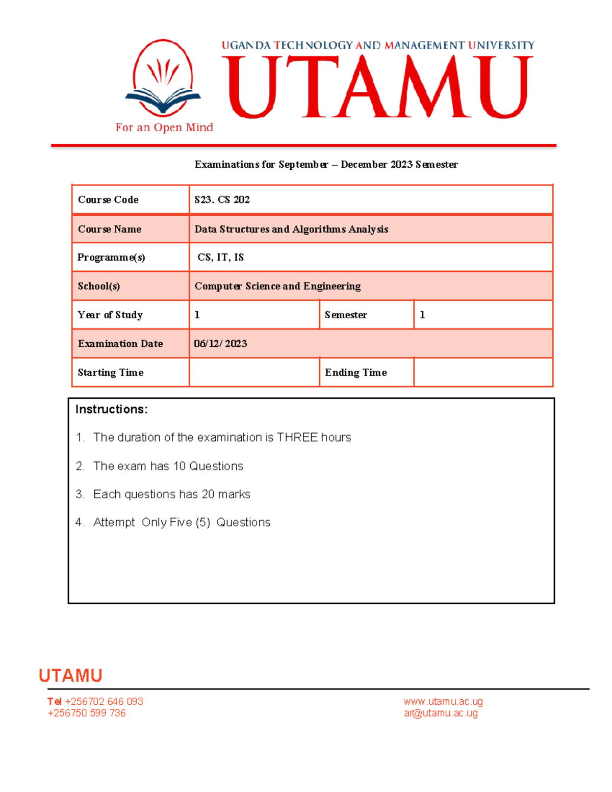 CS 202 Data Structures Algorithms semptember Intake - UTAMU Tel +256702 ...