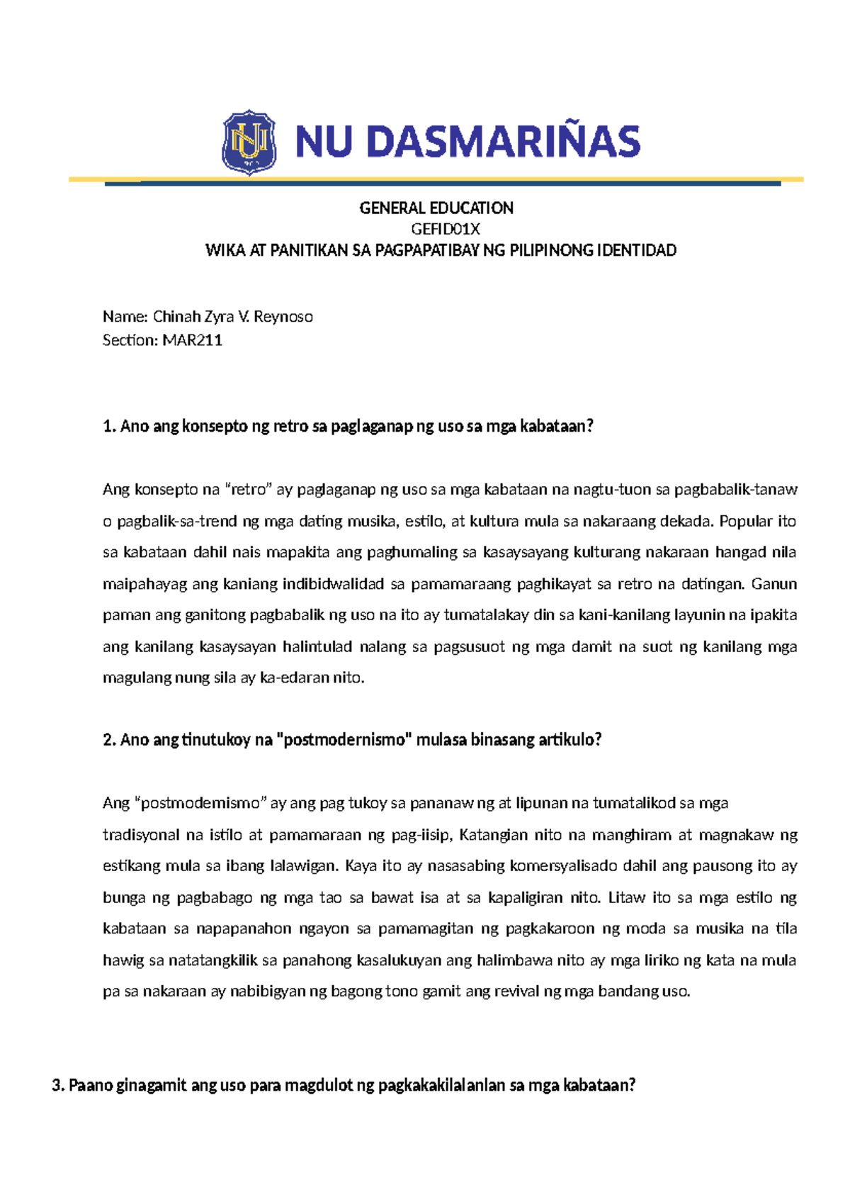 Formats of topic - GENERAL EDUCATION GEFID01X WIKA AT PANITIKAN SA ...