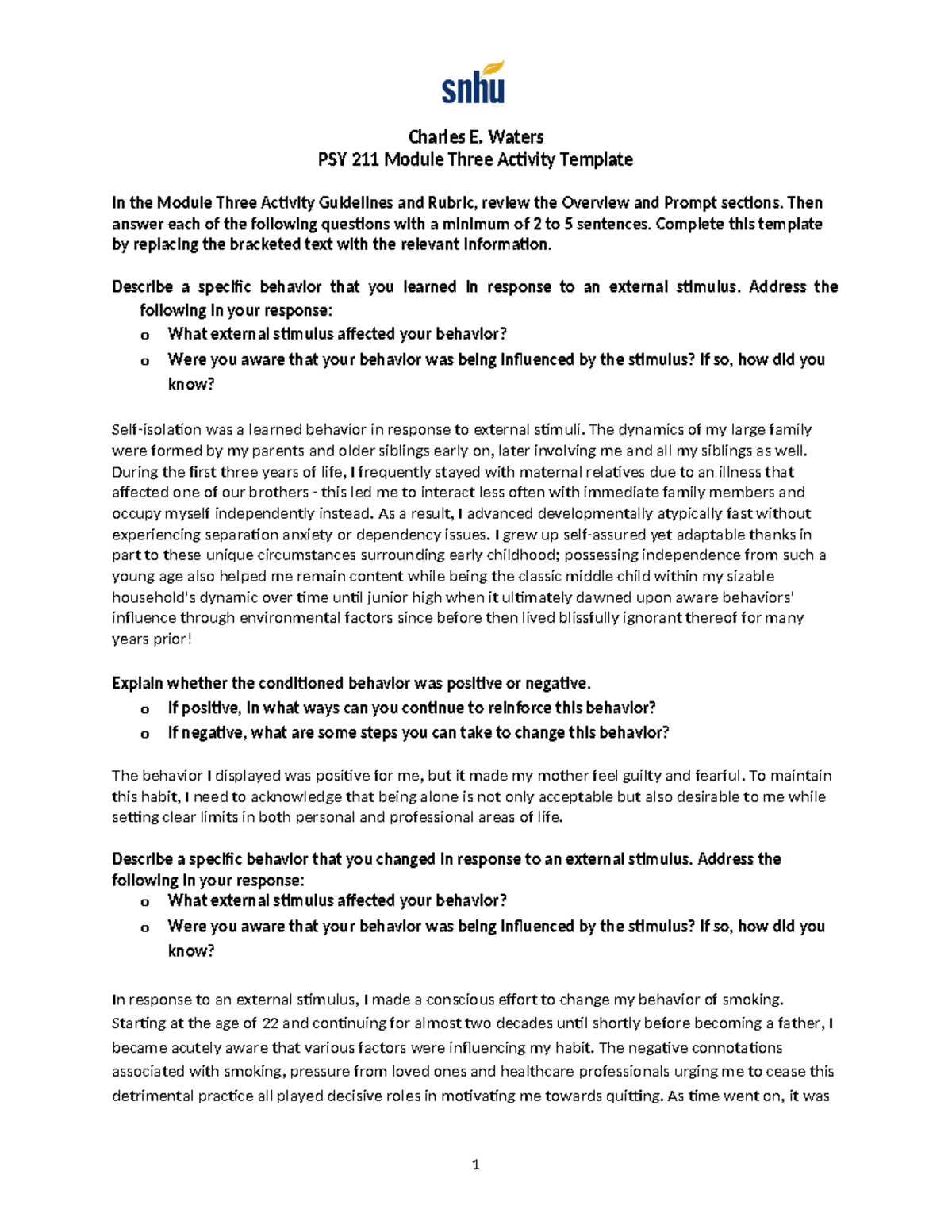 3-2 - work - Charles E. Waters PSY 211 Module Three Activity Template ...