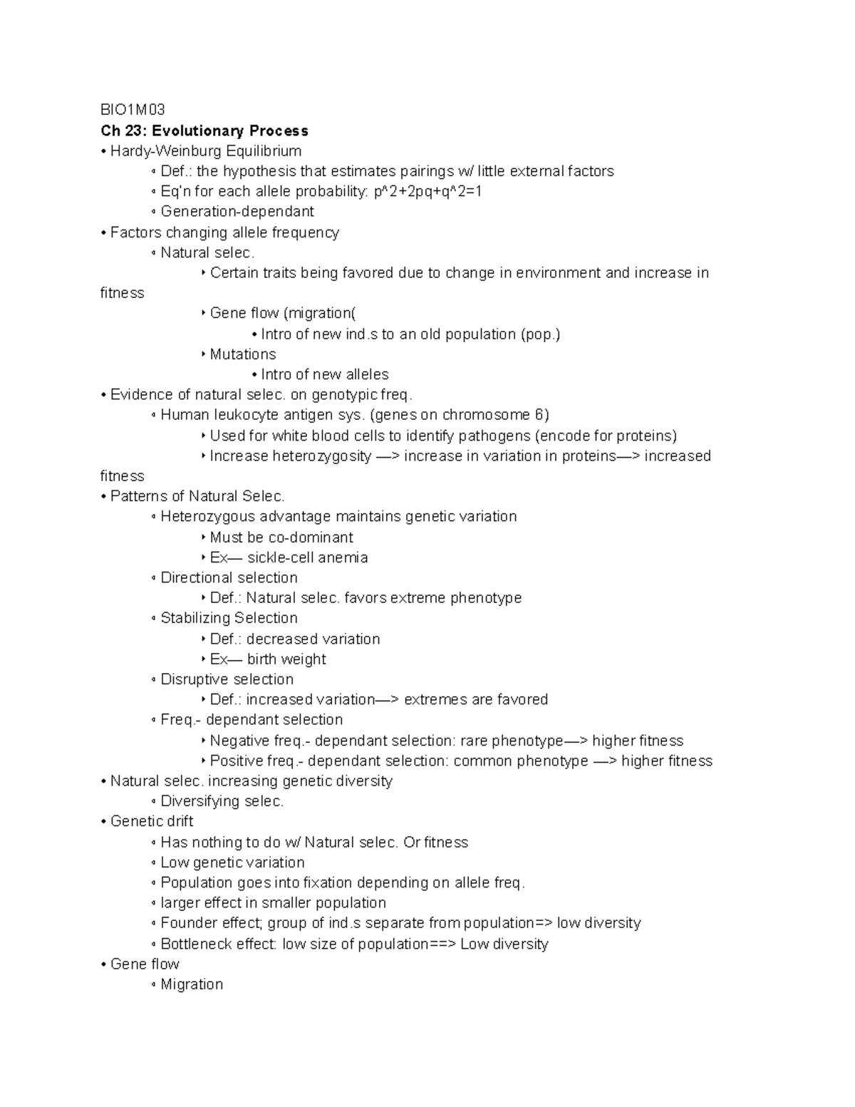 Bio 1M03 Ch 23 Notes - Evolutionary Process - BIO1M Ch 23: Evolutionary ...