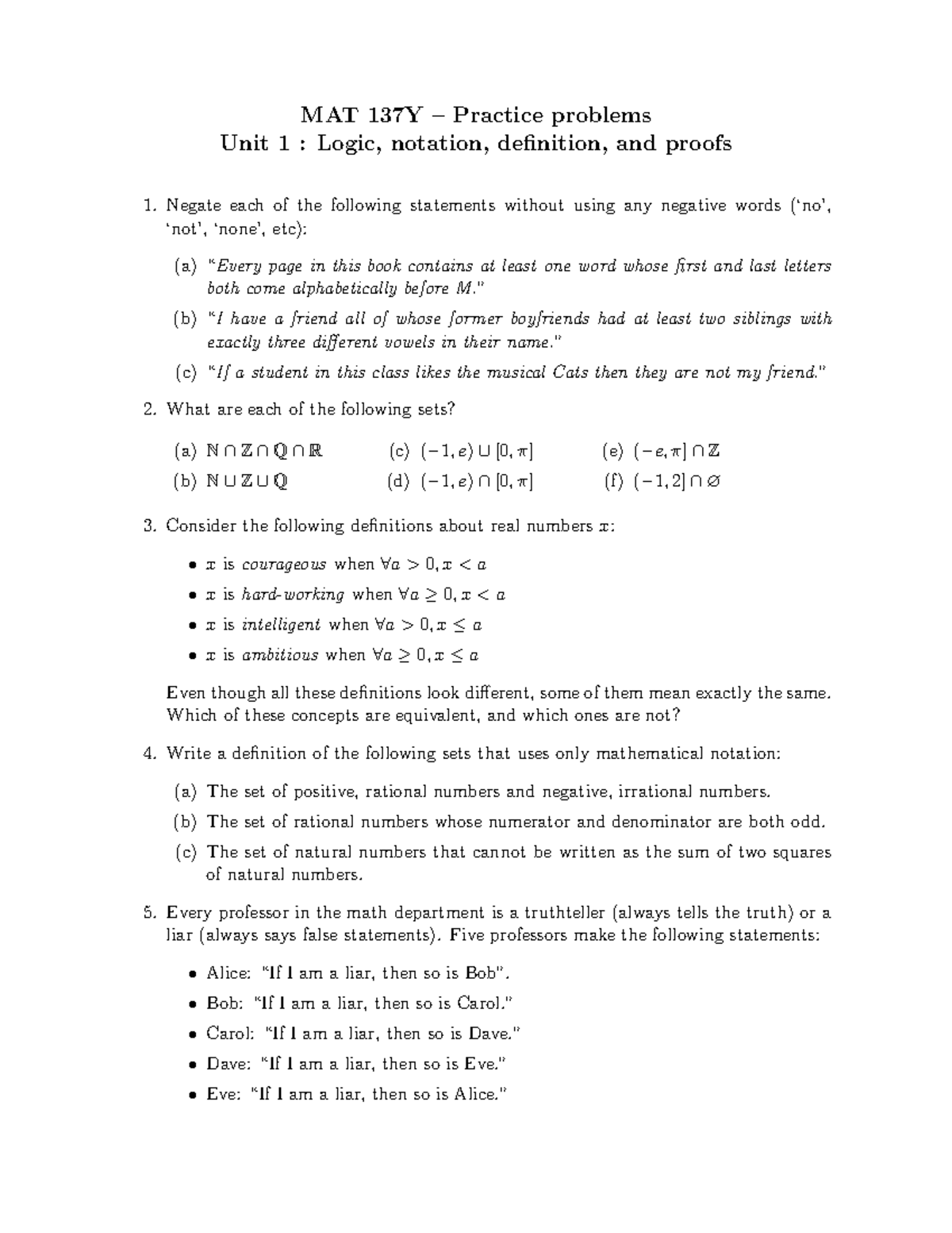 137 PP 01 - Practice - MAT 137Y – Practice problems Unit 1 : Logic ...