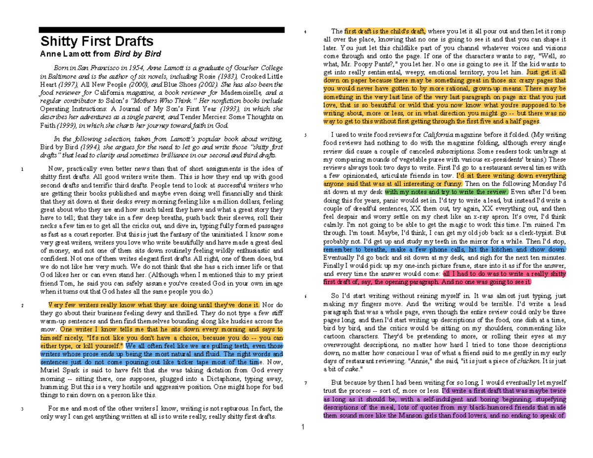 1-Shitty First Drafts - hi buabui - 1 Shitty First Drafts Anne Lamott ...