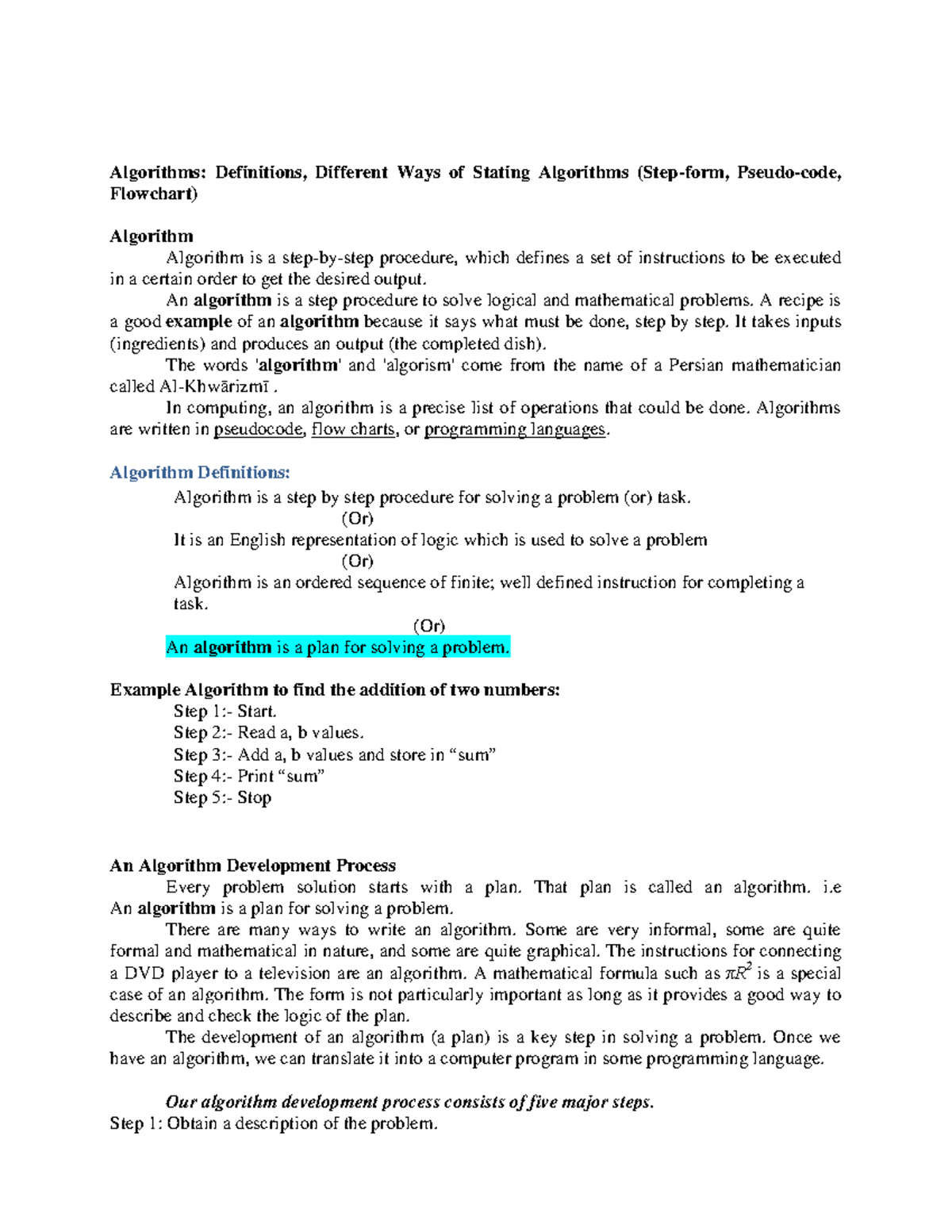 C Lang Notes MSDS Topics In C Language Algorithms Definitions