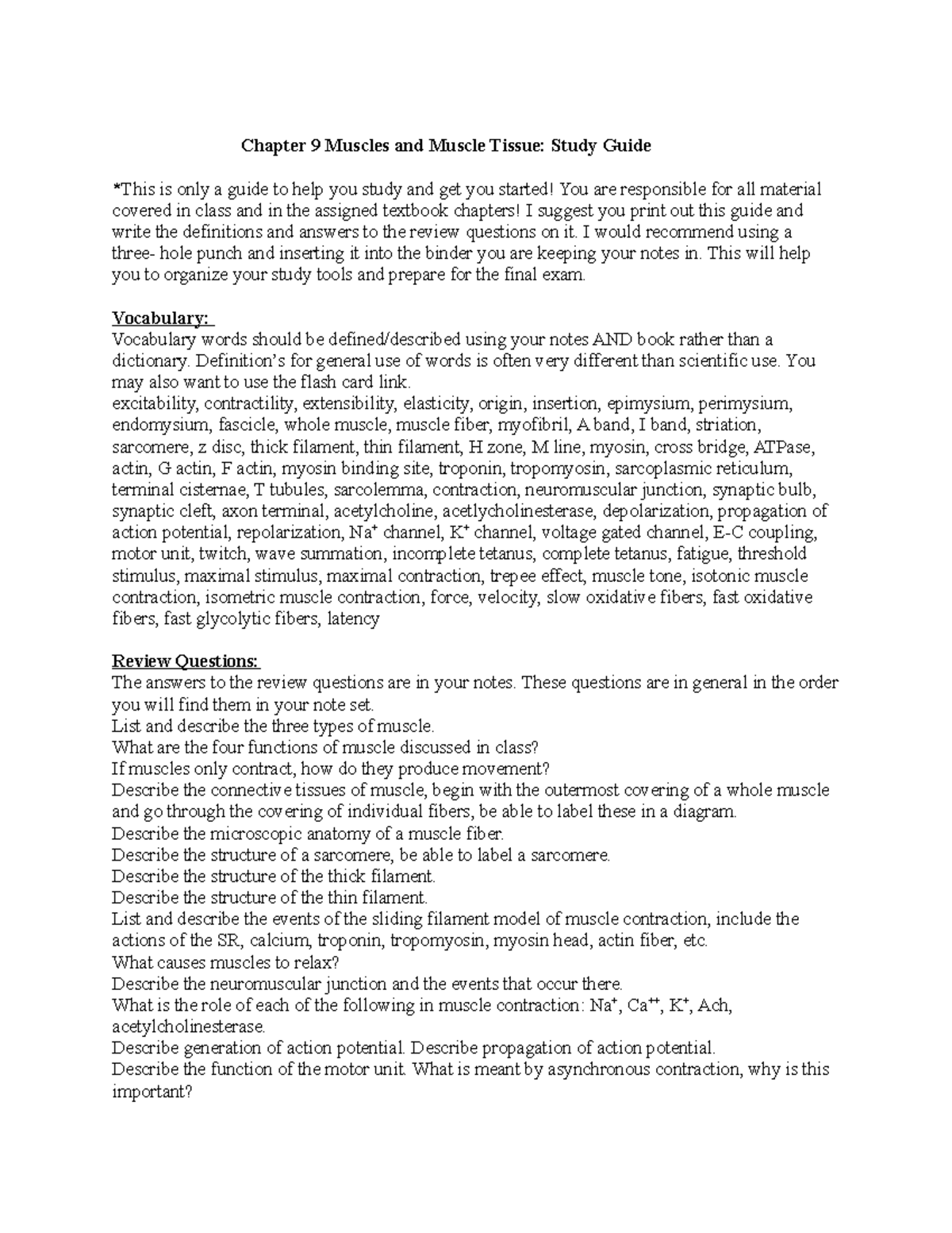 Chapter 9 Muscle and Muscle Tissue Study Guide - I would recommend ...