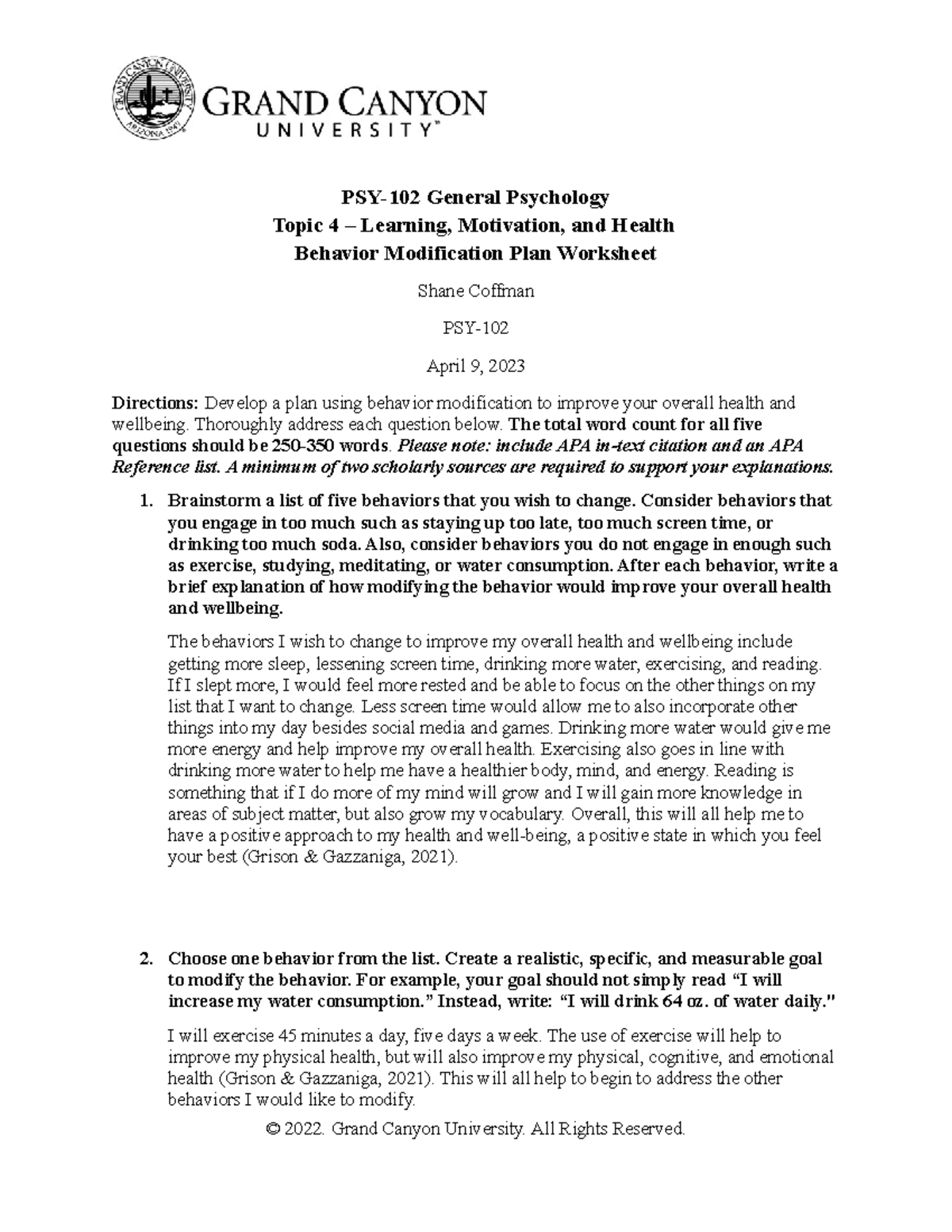 Behavior Modification Plan - PSY-102 General Psychology Topic 4 ...