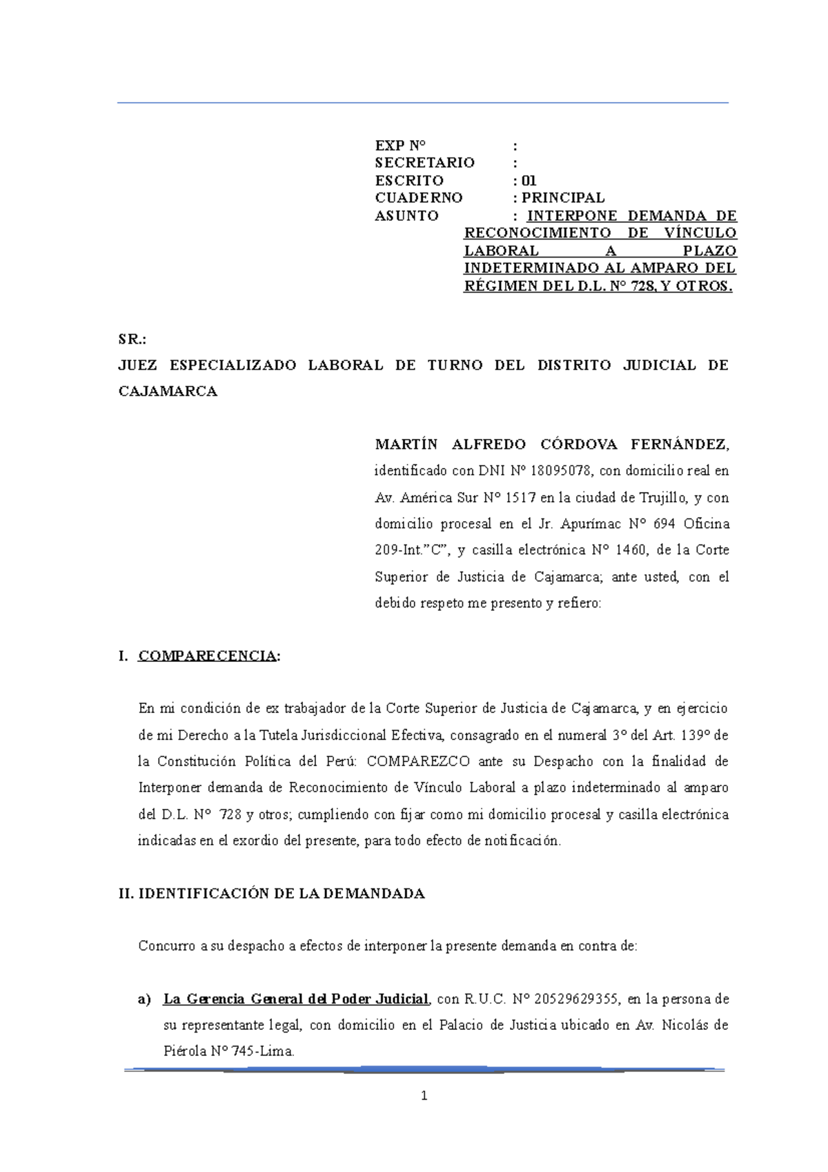 Demanda por reconocimiento del vínculo laboral (Juez Especializado en lo Laboral - Proceso ...