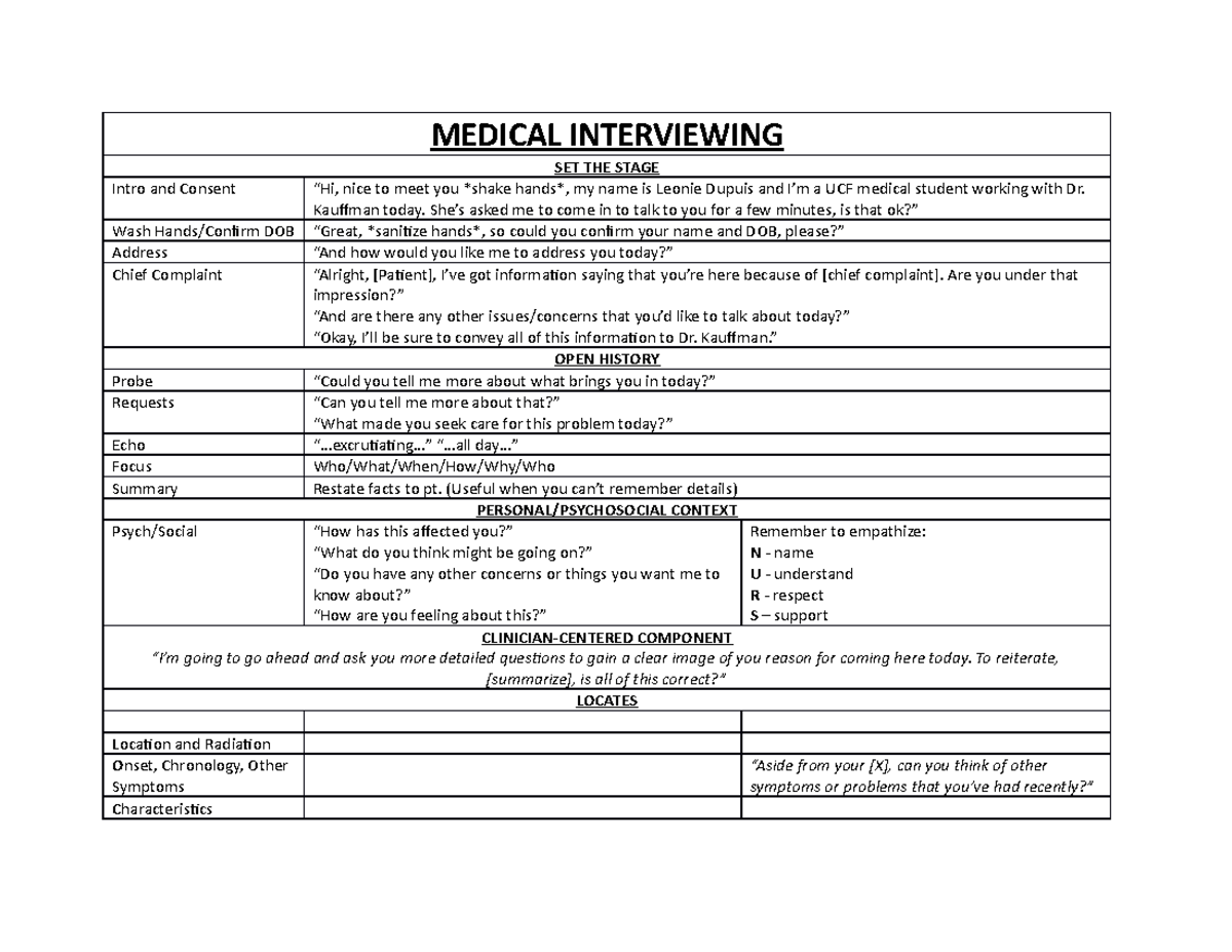 P1 Interviewing - MEDICAL INTERVIEWING SET THE STAGE Intro and Consent ...
