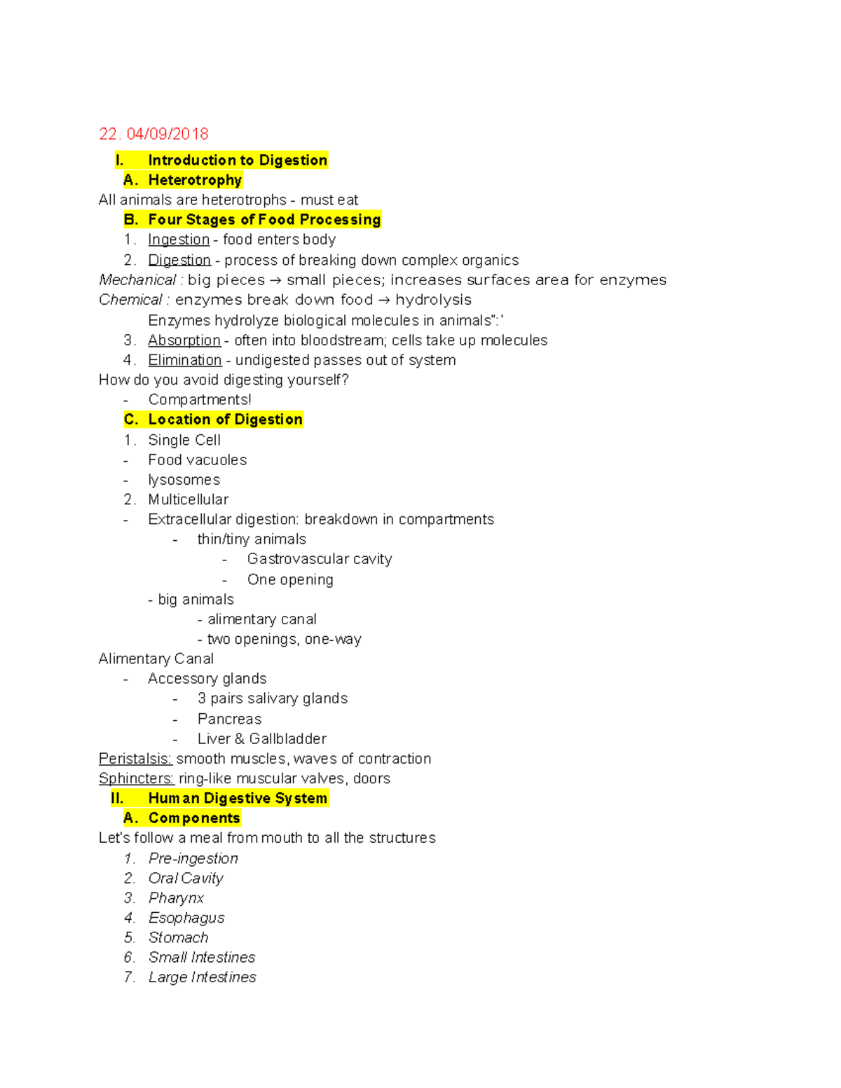 Gen bio 2 notes 22 - 22. 04/09/ I. Introduction to Digestion A ...