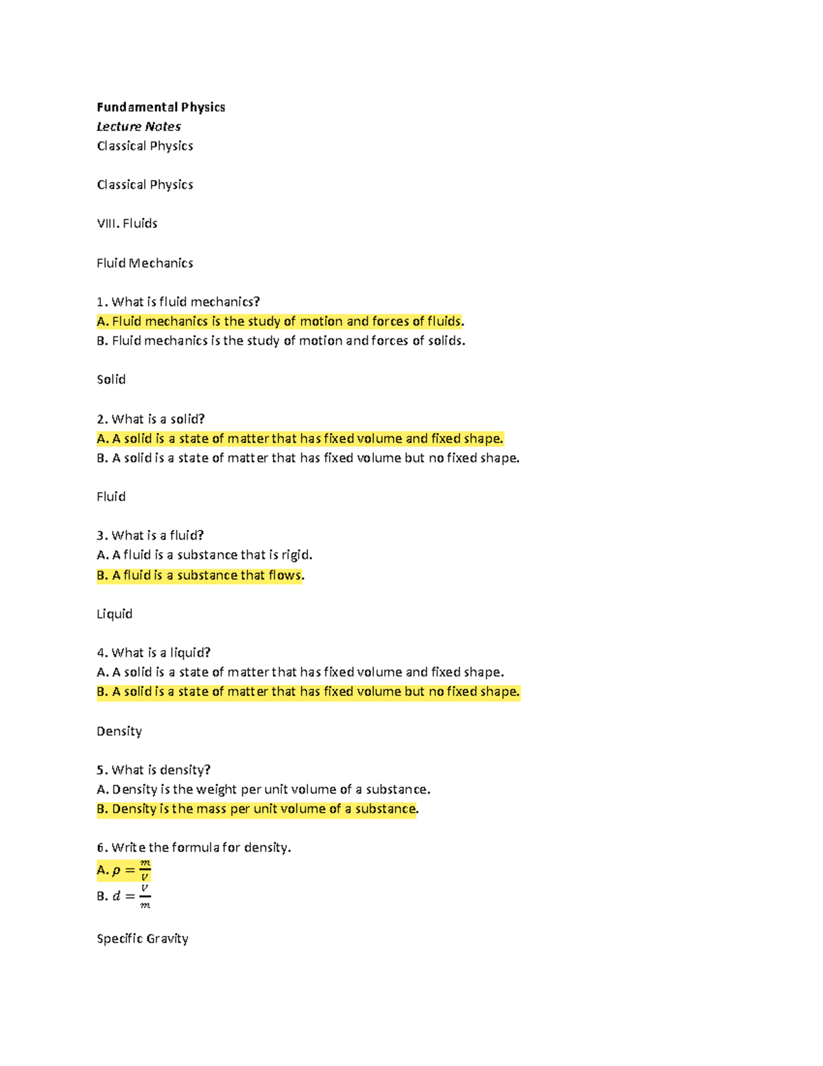 (with key) Fluids - Fundamental Physics Lecture Notes Classical Physics ...