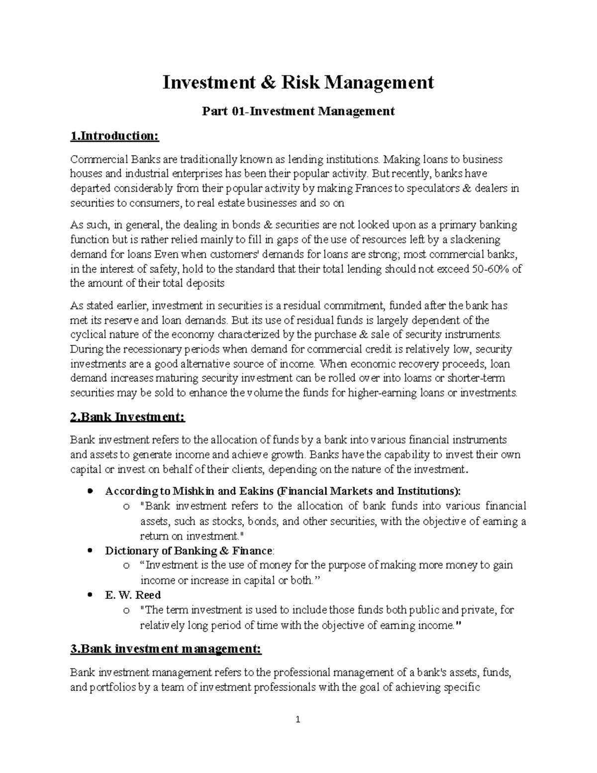 Investment and Risk Management - Investment & Risk Management Part 01 ...