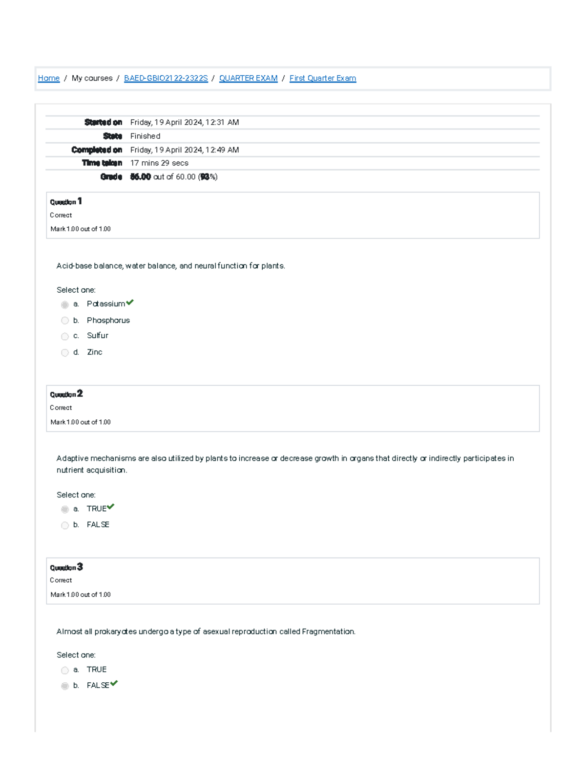 First Quarter Exam Attempt review - Home / My courses / BAED-GBIO2122 ...