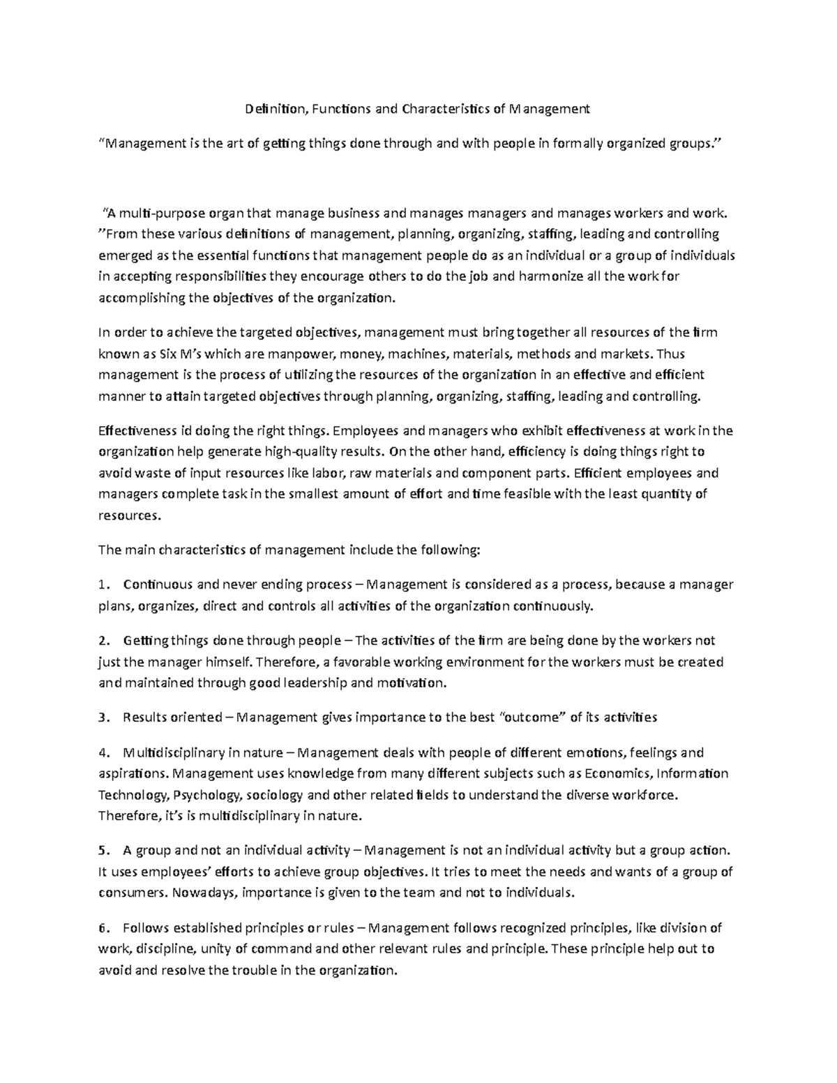 Definition, Functions and Characteristics of Management - Definition, Functions and ...