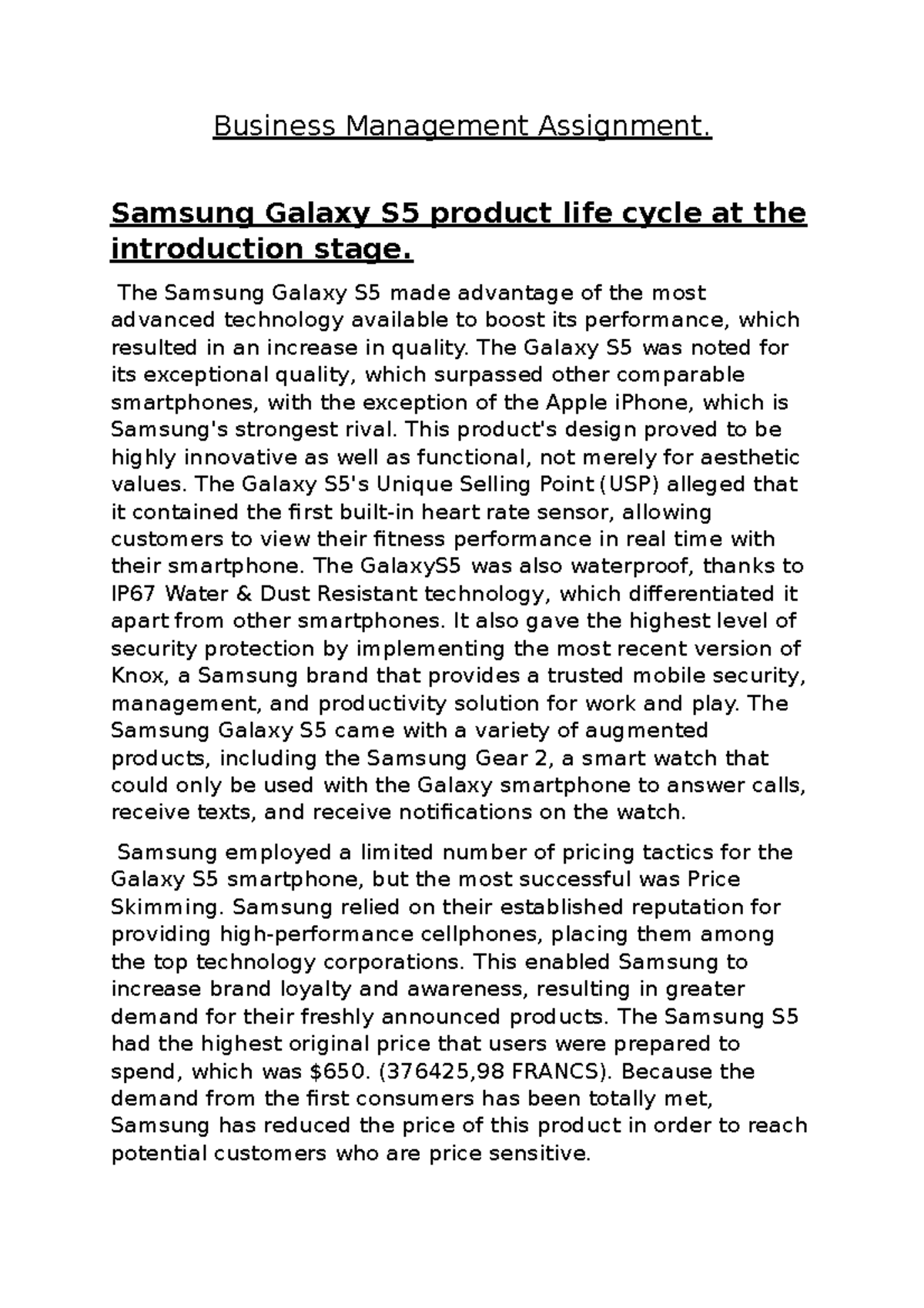 Business Management Assignment - Samsung Galaxy S5 product life cycle ...