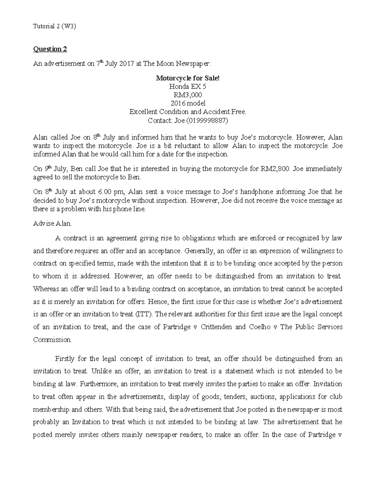 Tutorial 2 Week 3 Contract 1 - Tutorial 2 (W3) Question 2 An advertisement on 7th July 2017 at ...