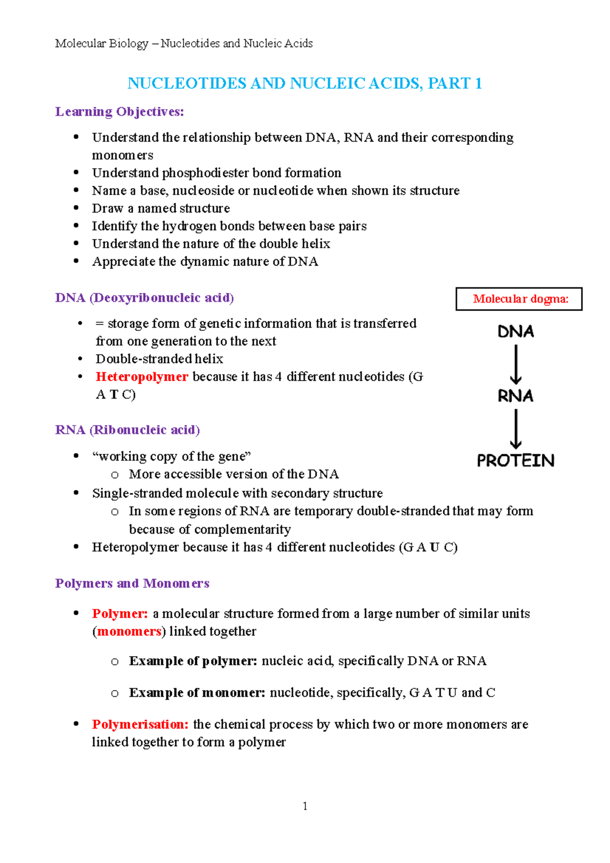 Nucleotides AND Nucleic Acids - NUCLEOTIDES AND NUCLEIC ACIDS, PART 1 Learning Objectives: - Studocu