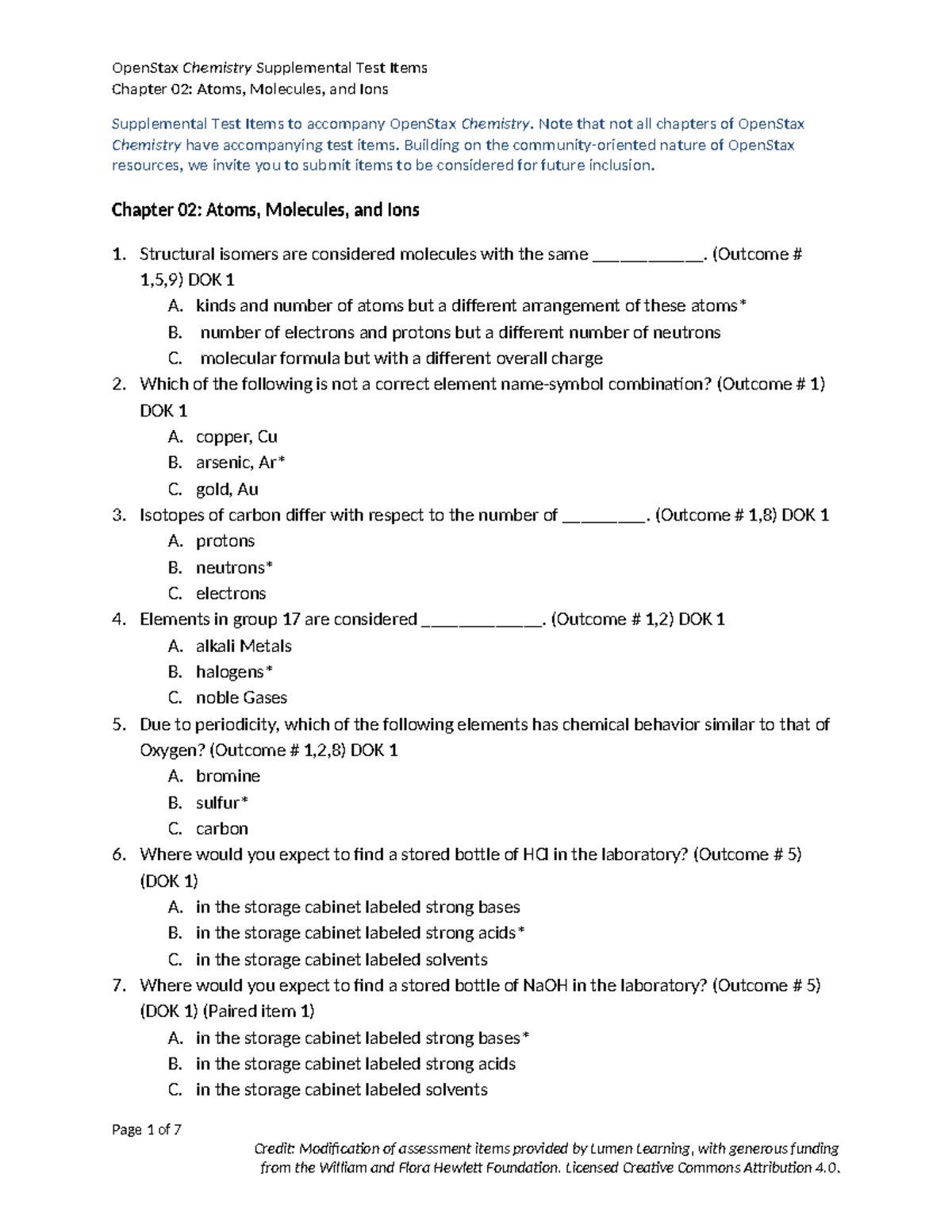 OS Chemistry Test Items Ch02 Atoms, Molecules, and Ions - Chapter 02 ...