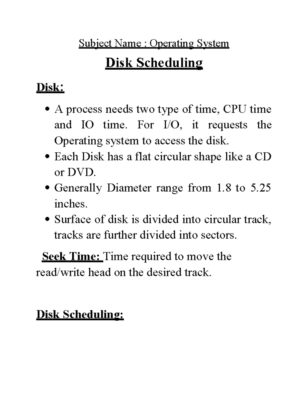 Disk scheduling (module 5) - Subject Name : Operating System Disk ...