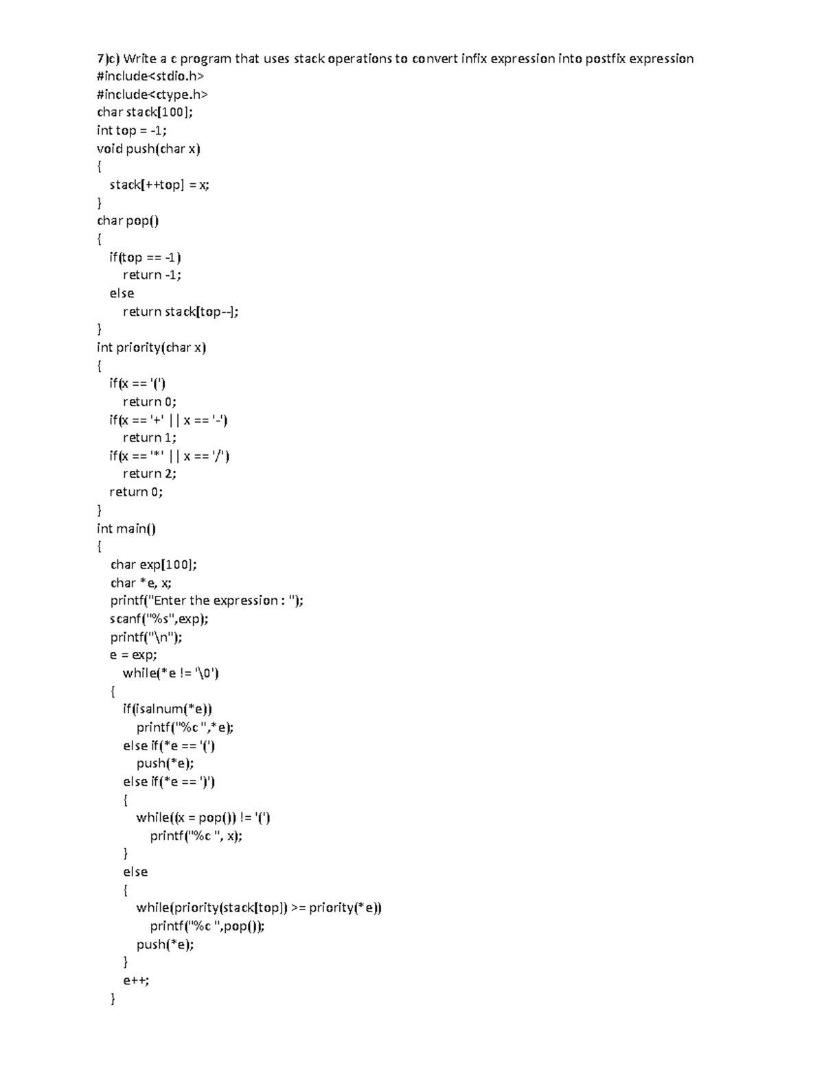DS LAB Programs - 7)c) Write a c program that uses stack operations to convert infix expression ...