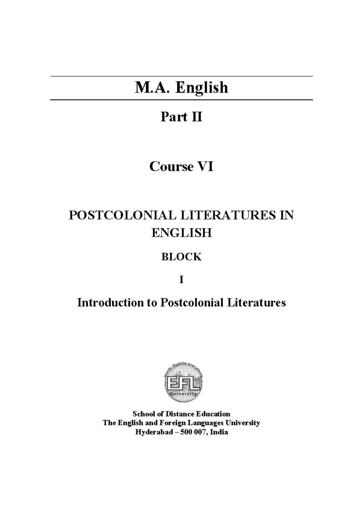 Postcolonialism Introduction - M. English Part II Course VI ...