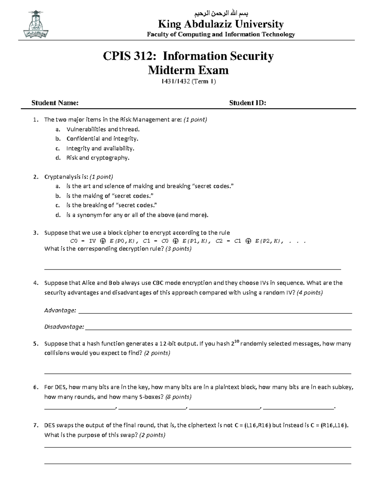 CPIS312 Midterm Example - بسم ﷲ الرحمن الرحيم King Abdulaziz University ...