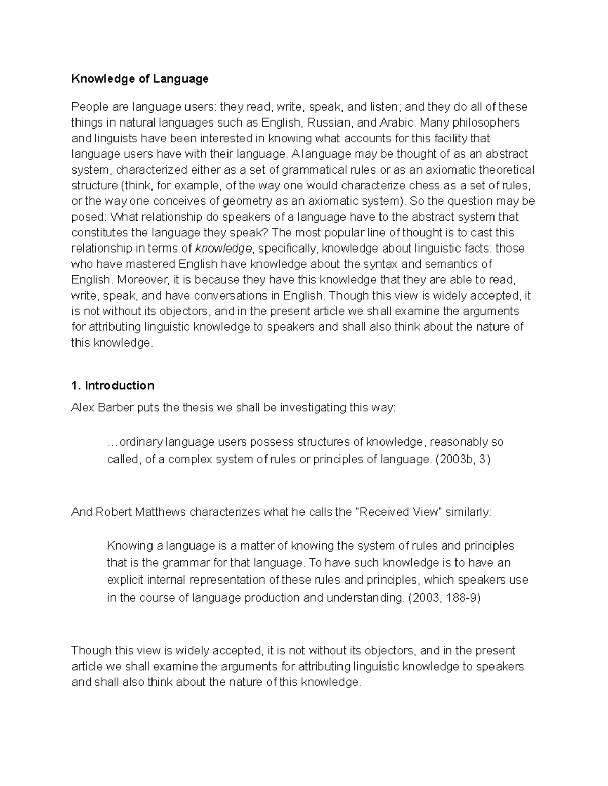 Phil of Law assignment #1 - Knowledge of Language People are language ...