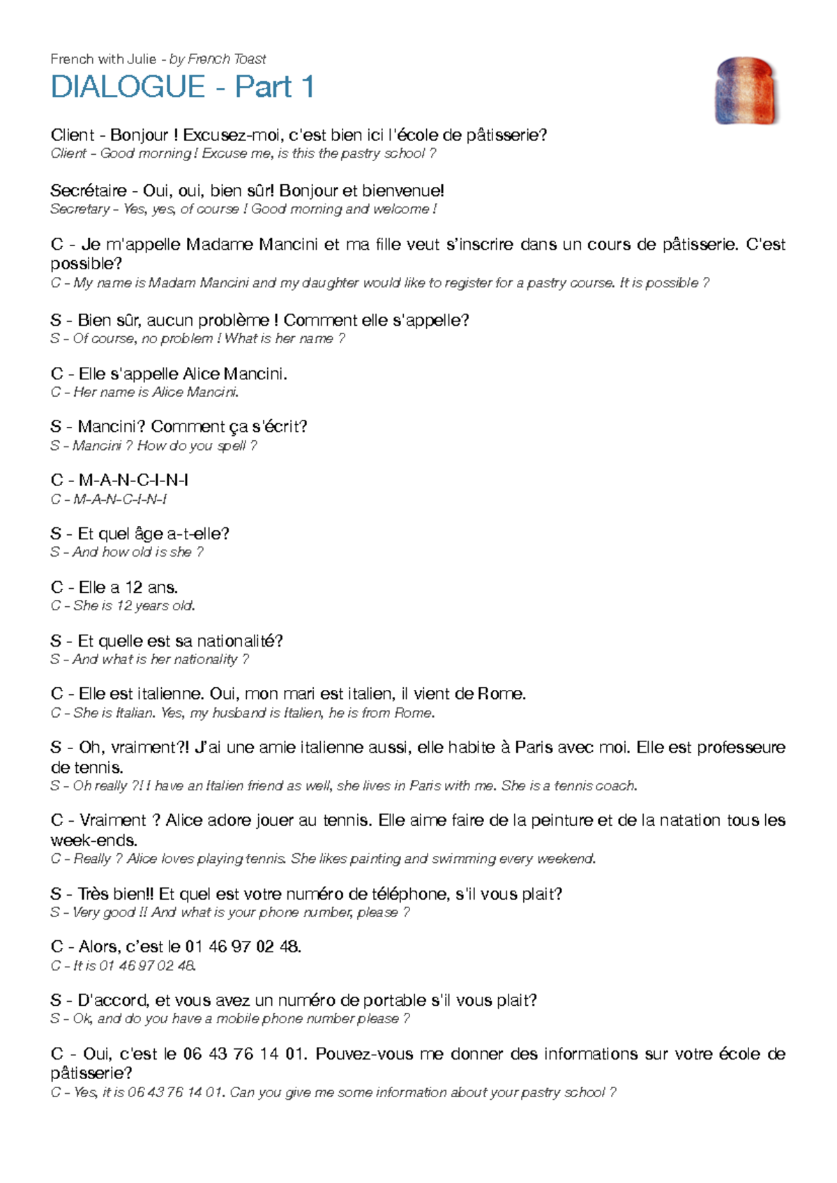 Dialogue+Part+1+Transcription+ - French with Julie - by French Toast ...