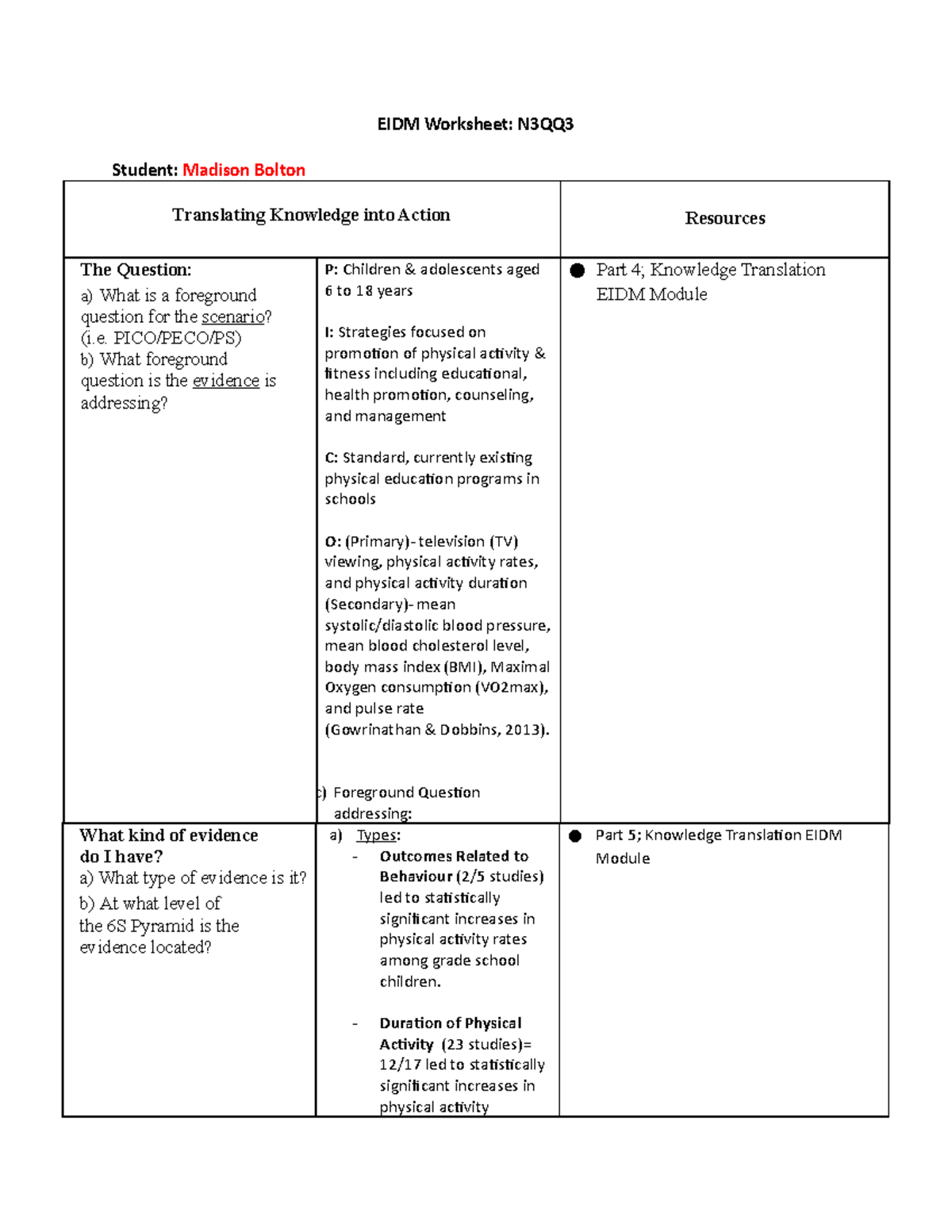 EIDM Worksheet MB - EIDM Worksheet: N3QQ Student: Madison Bolton Translating Knowledge into ...