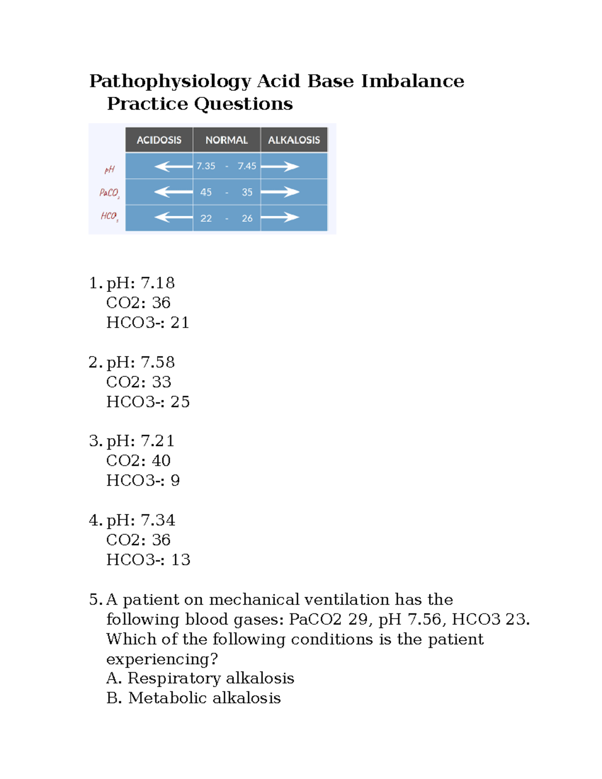 Student Acid Base Questions No Answers - Pathophysiology Acid Base Imbalance Practice Questions ...