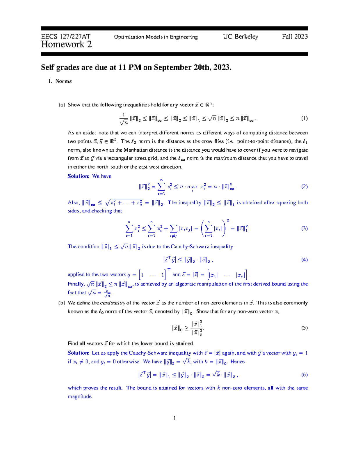 Hw02 Sol Hw Assignment Eecs 127227at Optimization Models In Engineering Uc Berkeley Fall