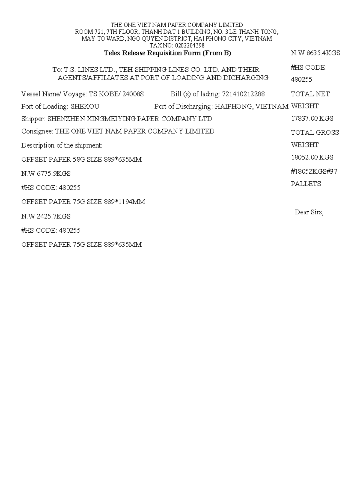 NEW UPD 2023 - Telex Release Requisition Form (cnee) - THE ONE VIET NAM ...