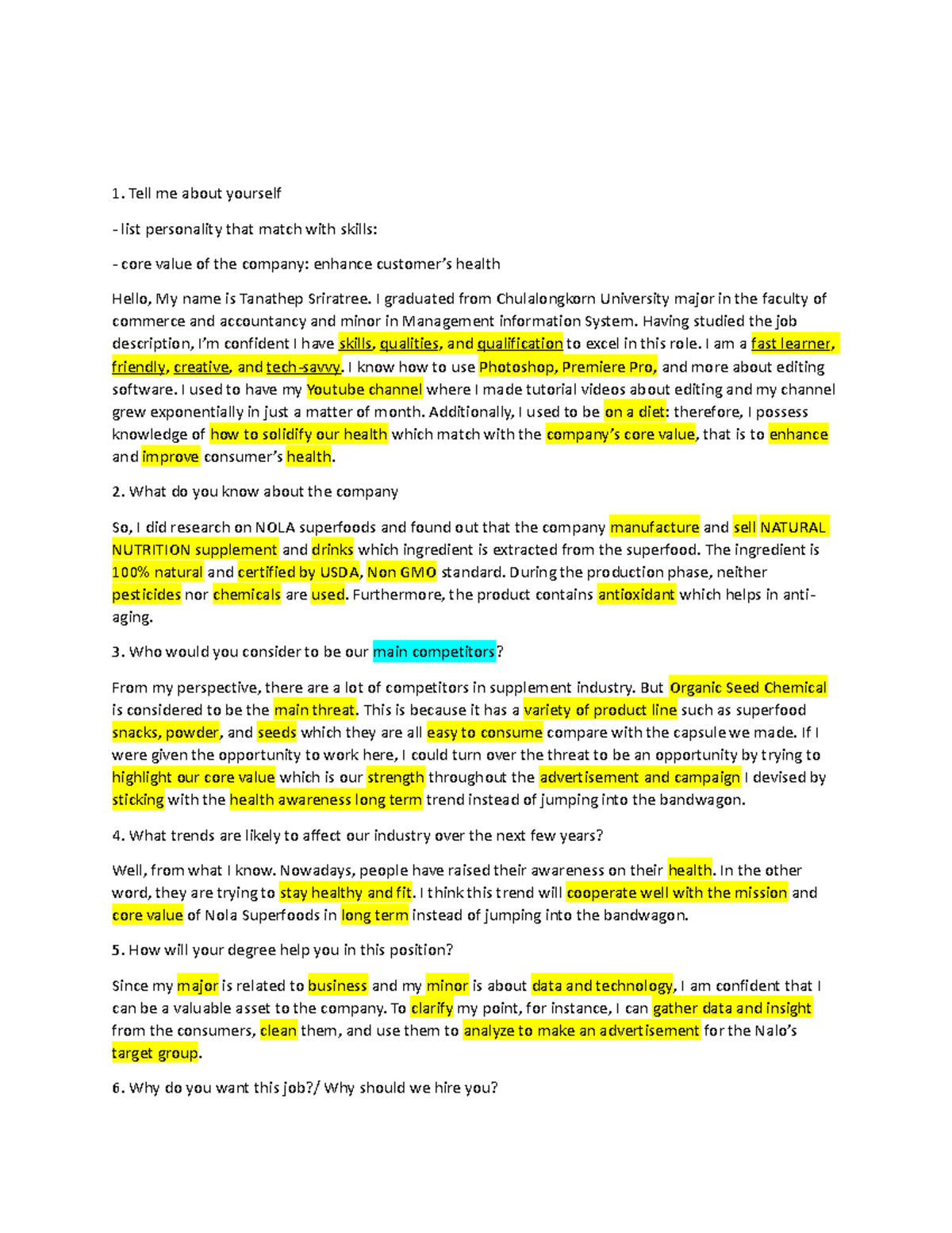 QA1 - Nope - Tell me about yourself list personality that match with skills: core value of the ...