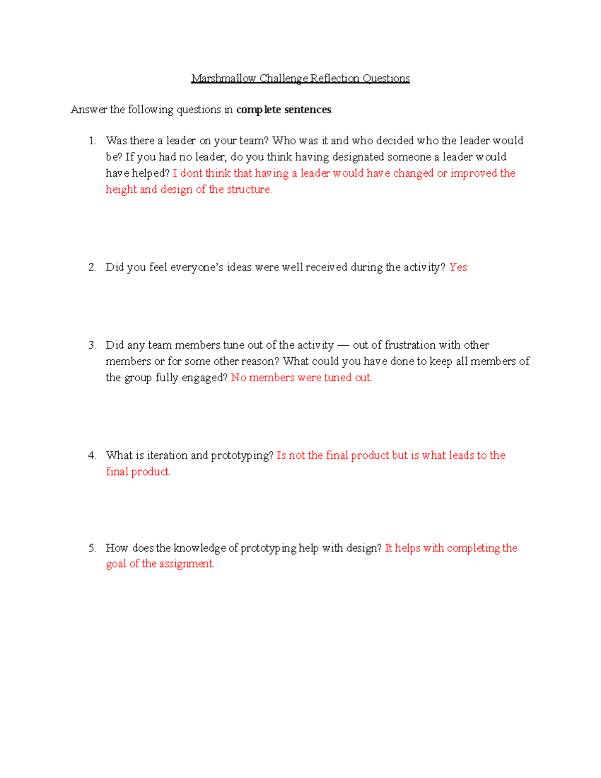Copy of Marshmallow Challenge Reflection Questions - Marshmallow ...